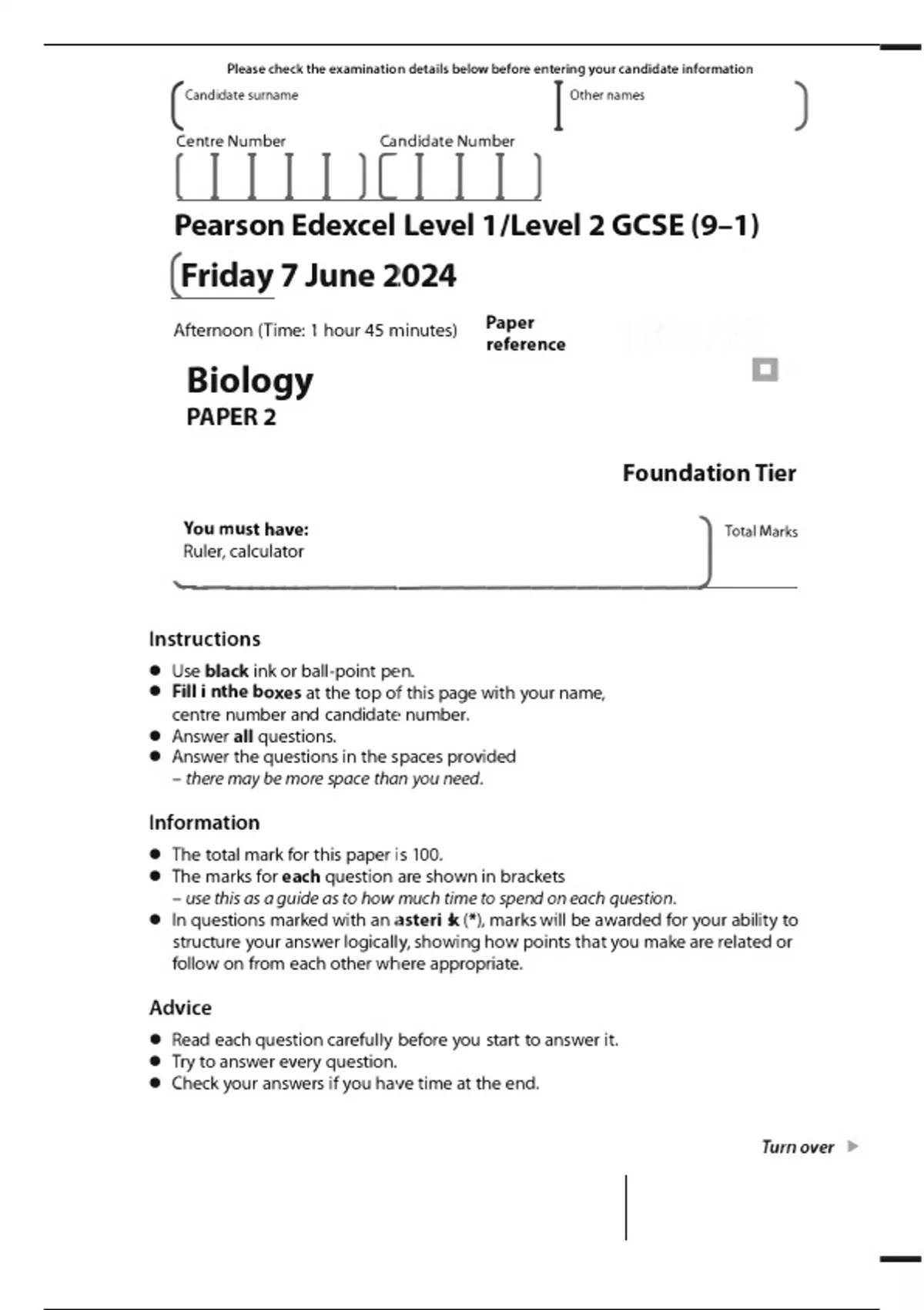 ACTUAL EDEXCEL GCSE 2024 BIOLOGY FOUNDATION TIER PAPER 2 QUESTION PAPER ...