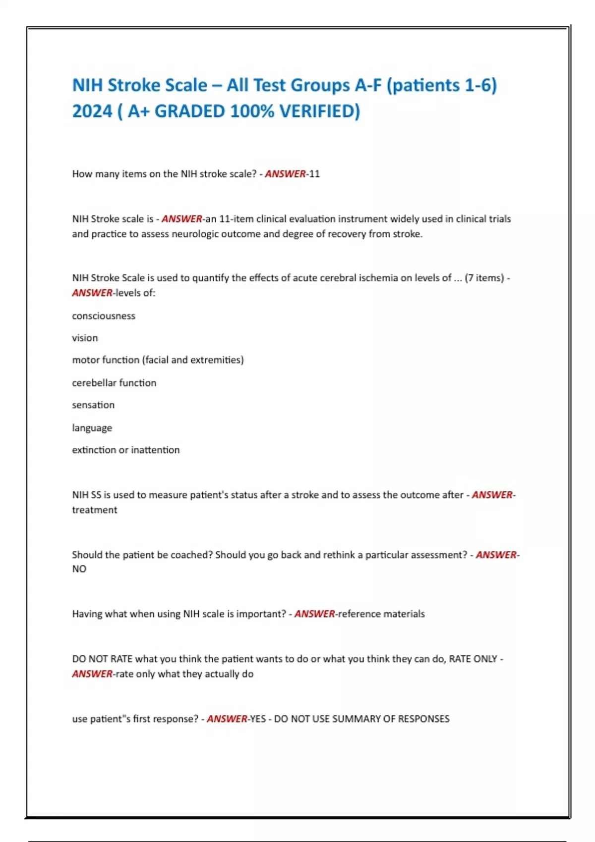 NIH Stroke Scale – All Test Groups A-F (patients 1-6) 2024 ( A+ GRADED ...