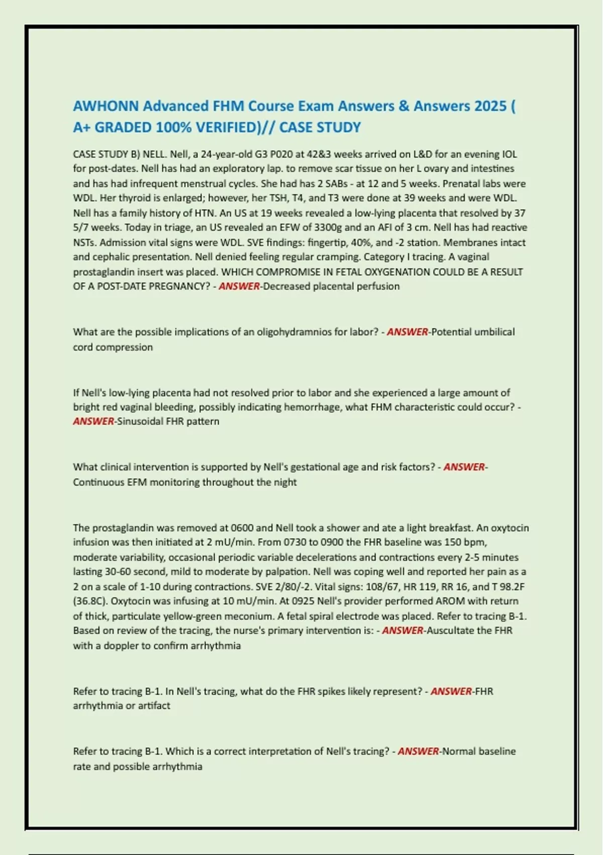 AWHONN Advanced FHM Course Exam Answers & Answers 2025 ( A+ GRADED 100% ...