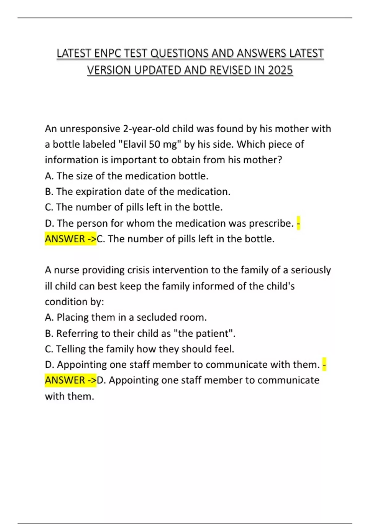 ENPC TEST QUESTIONS AND ANSWERS LATEST VERSION UPDATED AND REVISED IN ...