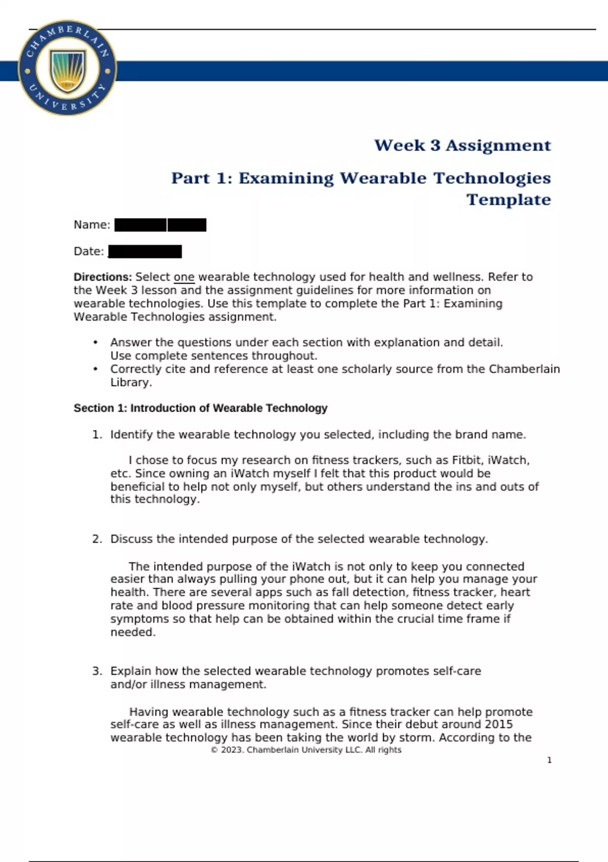 NR 361 Week 3 Assignment Part 1; Examining Wearable Technologies - NR361 (NR361) - Stuvia US