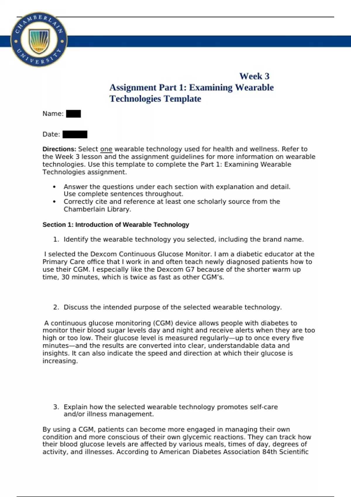 NR 361 Week 3 Assignment Part 1; Examining Wearable Technologies - NR361 (NR361) - Stuvia US