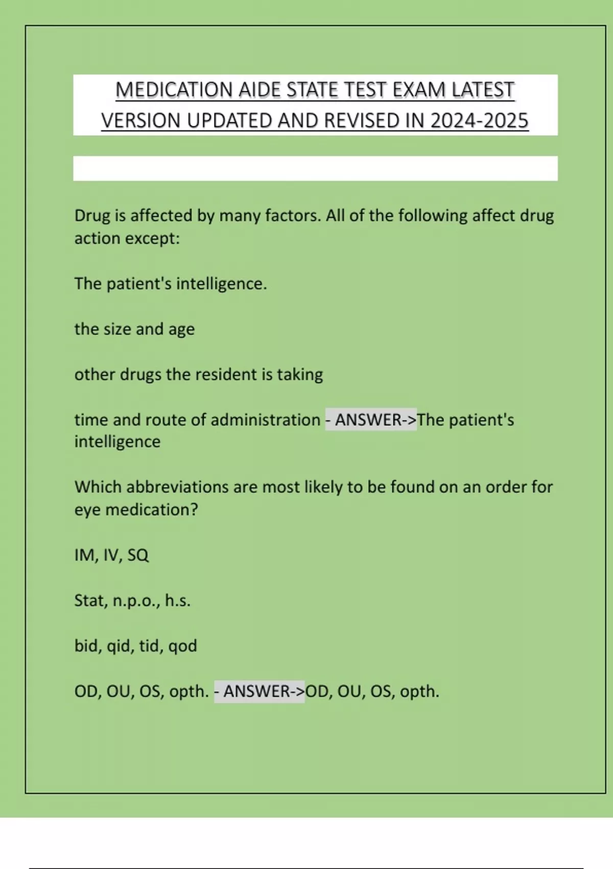 MEDICATION AIDE STATE TEST EXAM LATEST VERSION UPDATED AND REVISED IN ...
