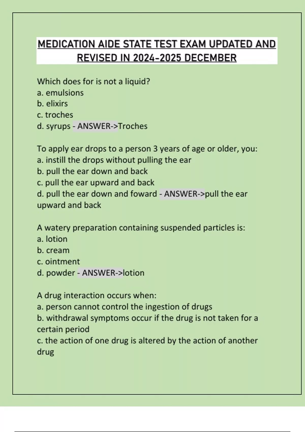 MEDICATION AIDE STATE TEST EXAM LATEST VERSION UPDATED AND REVISED IN ...