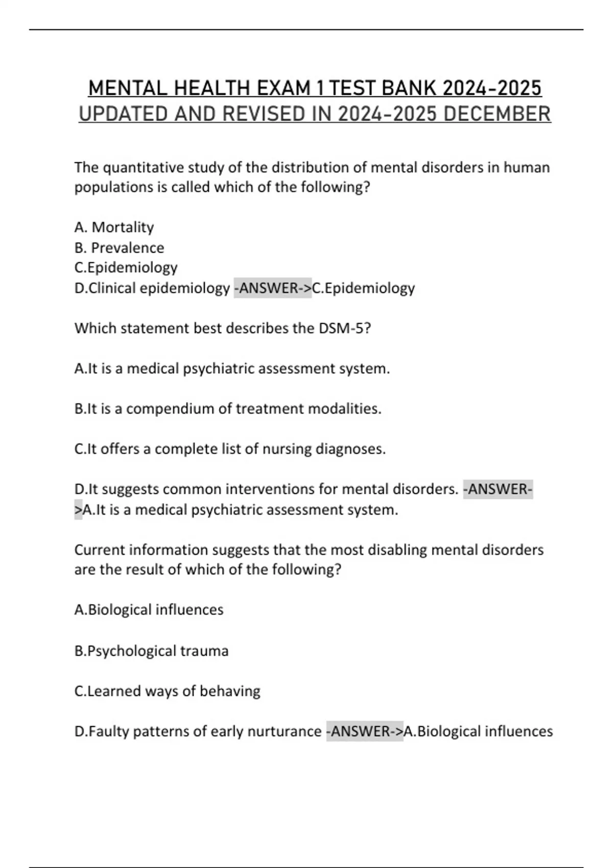 MENTAL HEALTH EXAM 1 TEST BANK UPDATED AND REVISED IN DECEMBER - Ati ...