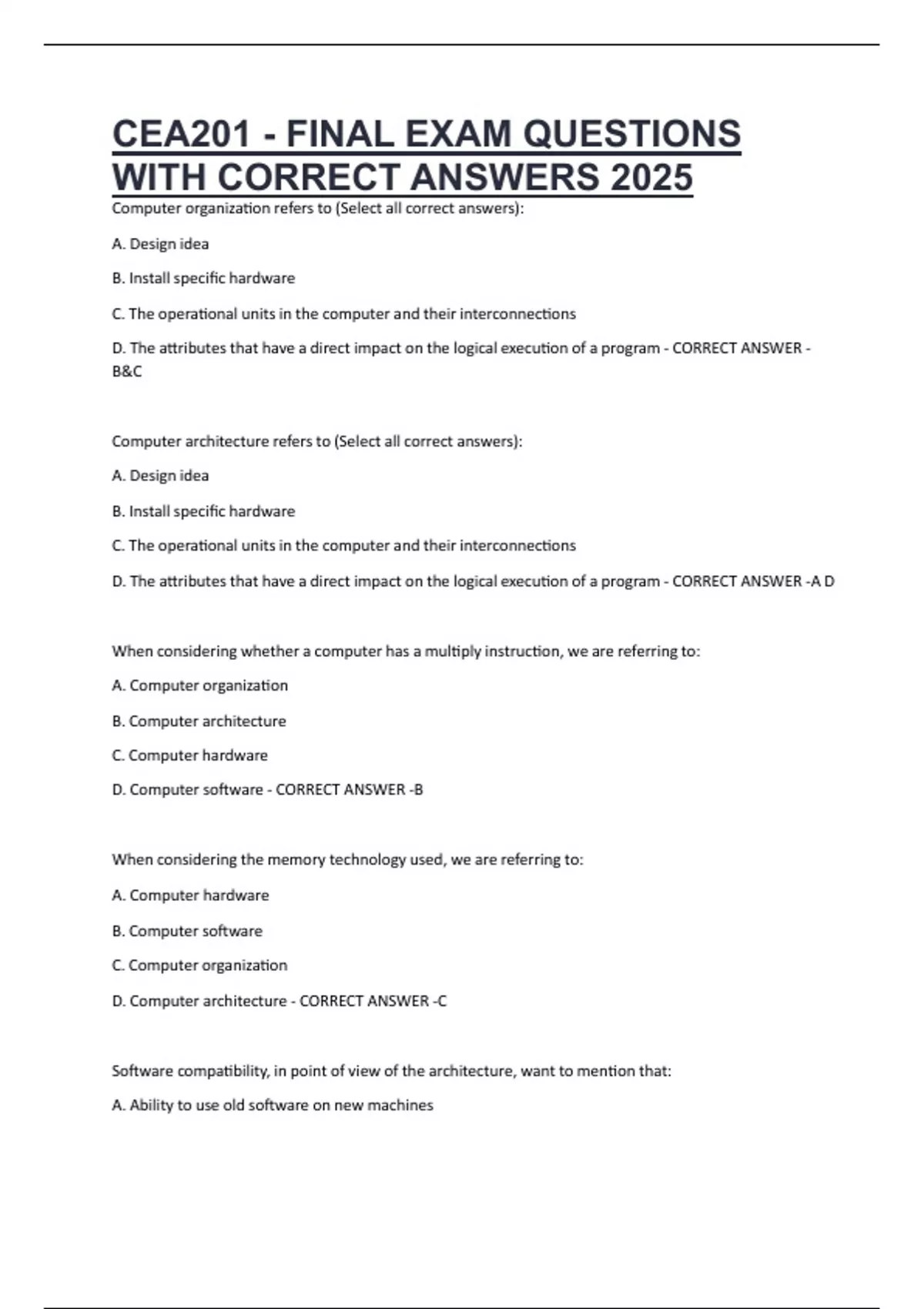 CEA201 - FINAL EXAM QUESTIONS WITH CORRECT ANSWERS 2025 - CEA - Stuvia US