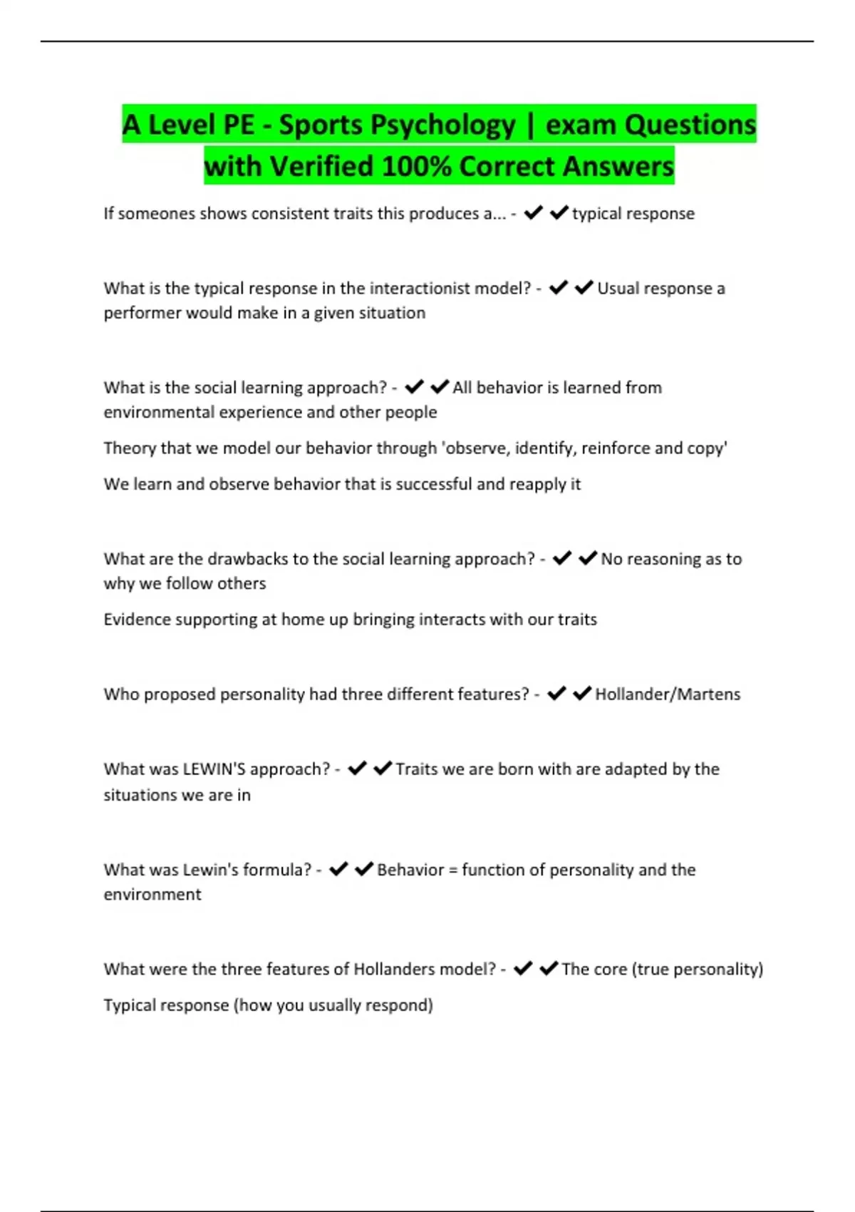 BUNDLE OF A Level PE - Sport psychology EXAMS| Questions with Verified ...
