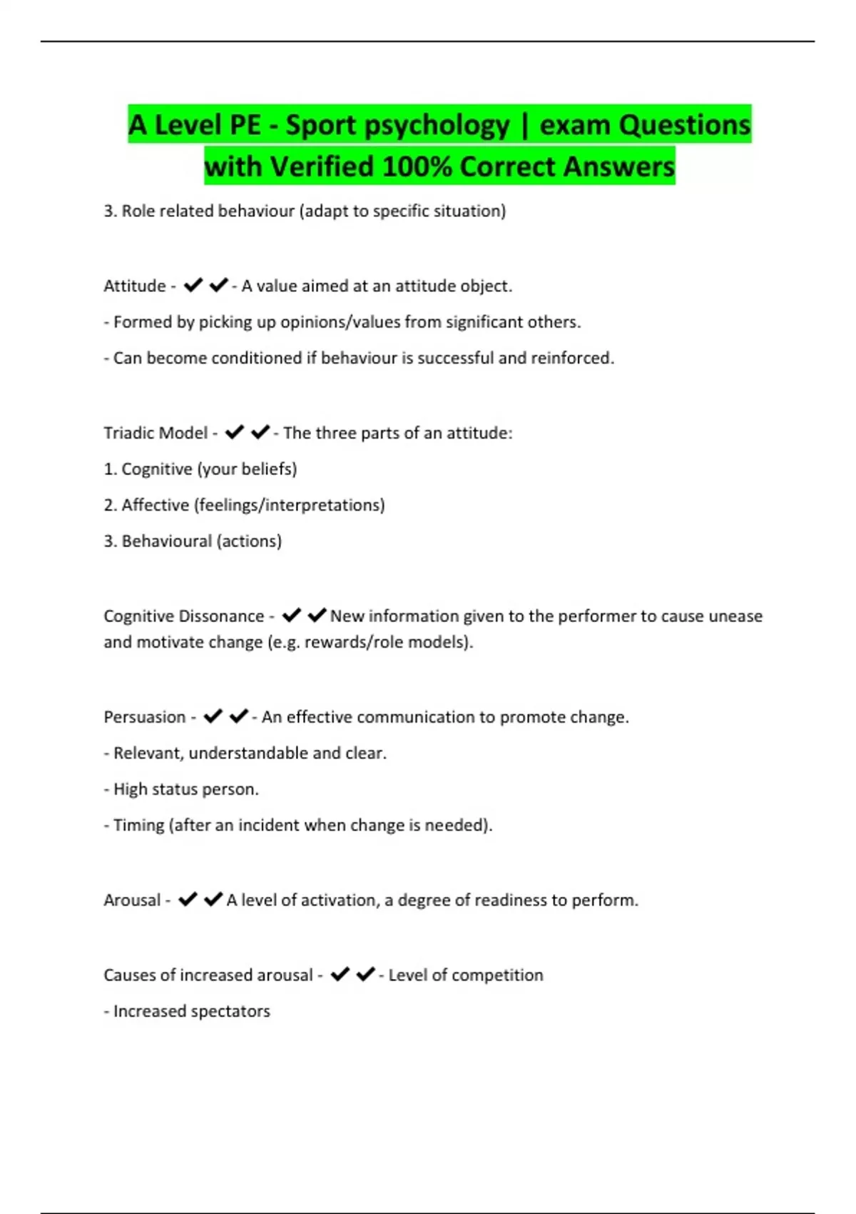 A Level PE - Sport psychology | exam Questions with Verified 100% ...