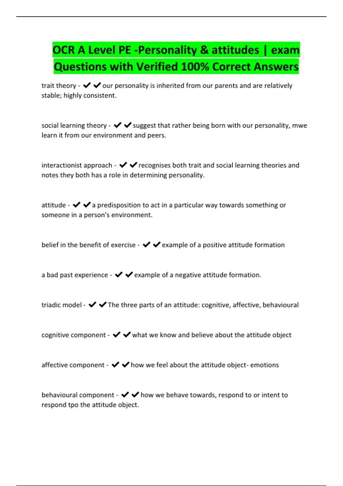 OCR A Level PE -Personality & attitudes | exam Questions with Verified ...