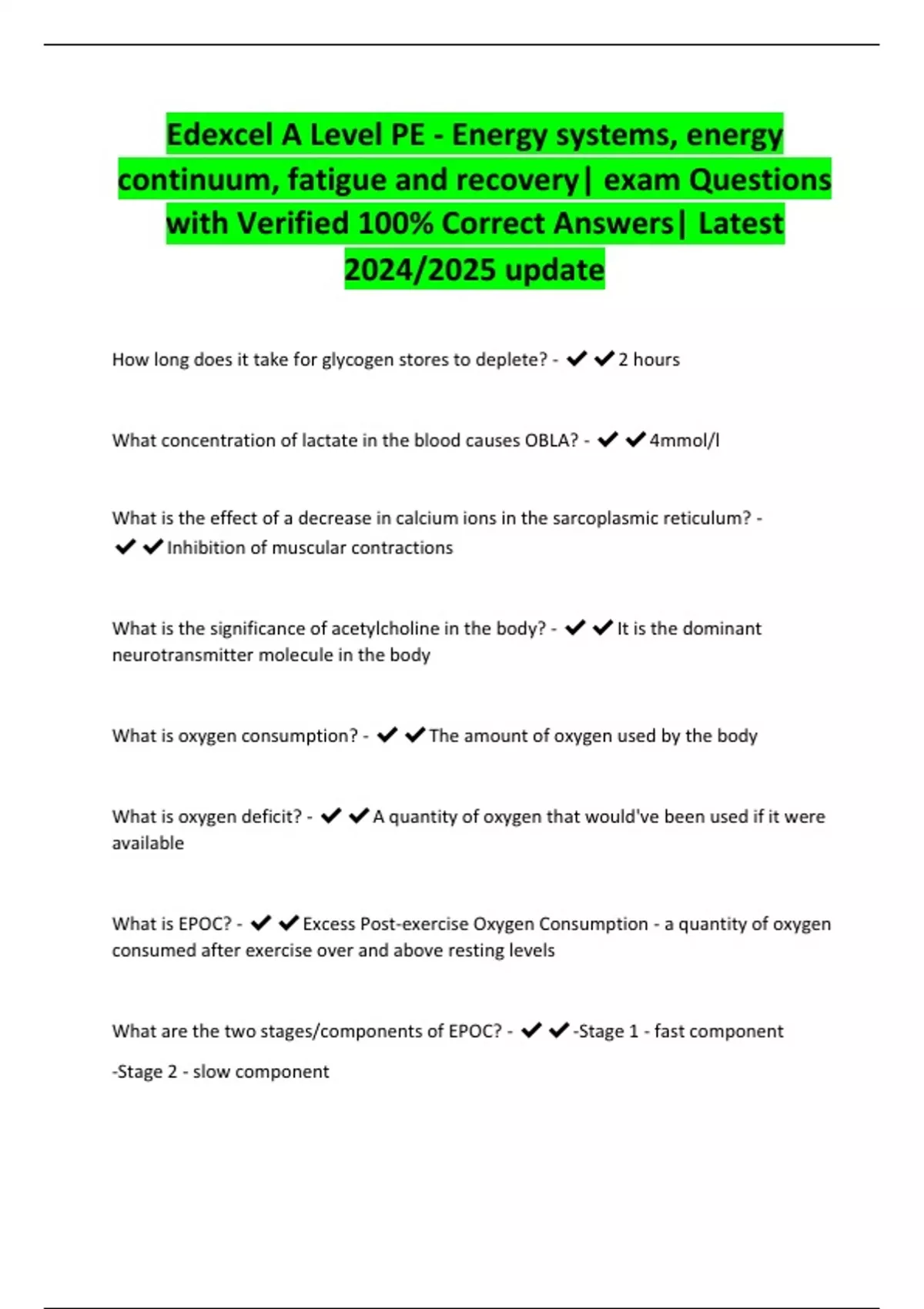 Edexcel A Level PE - Energy systems, energy continuum, fatigue and ...