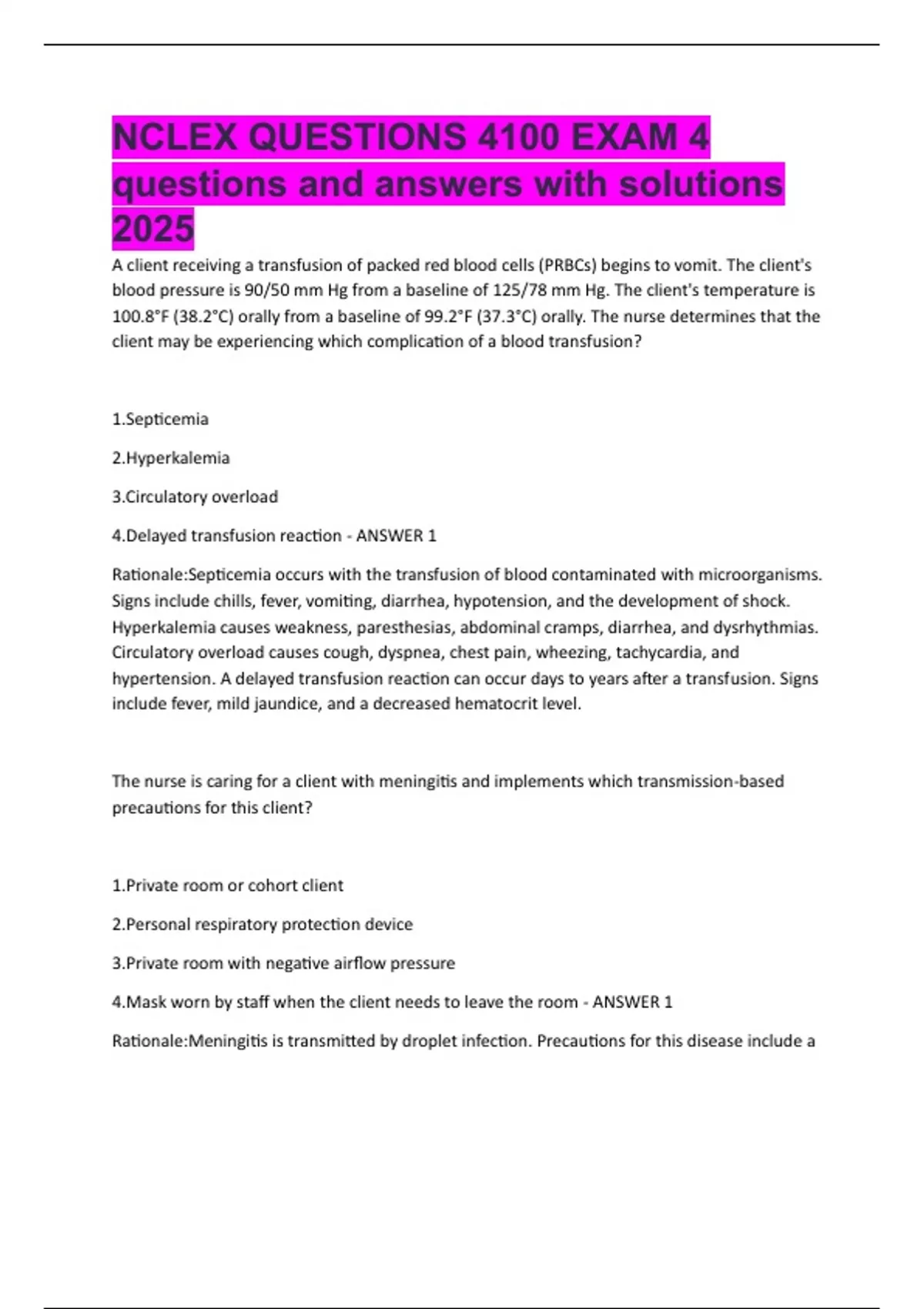 NCLEX QUESTIONS 4100 EXAM 4 questions and answers with solutions 2025 ...