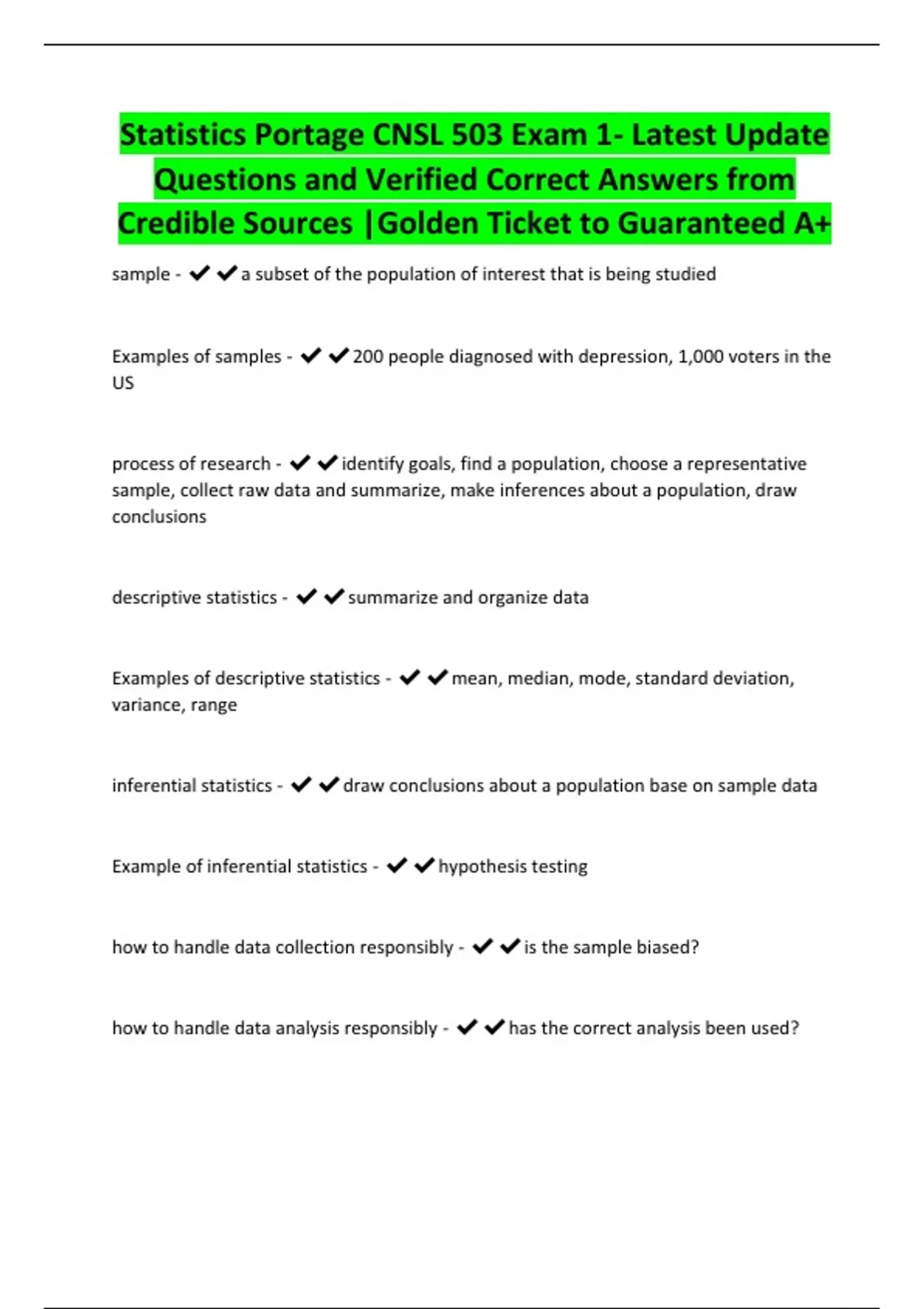 Statistics Portage CNSL 503 Exam 1- Latest Update Questions and ...