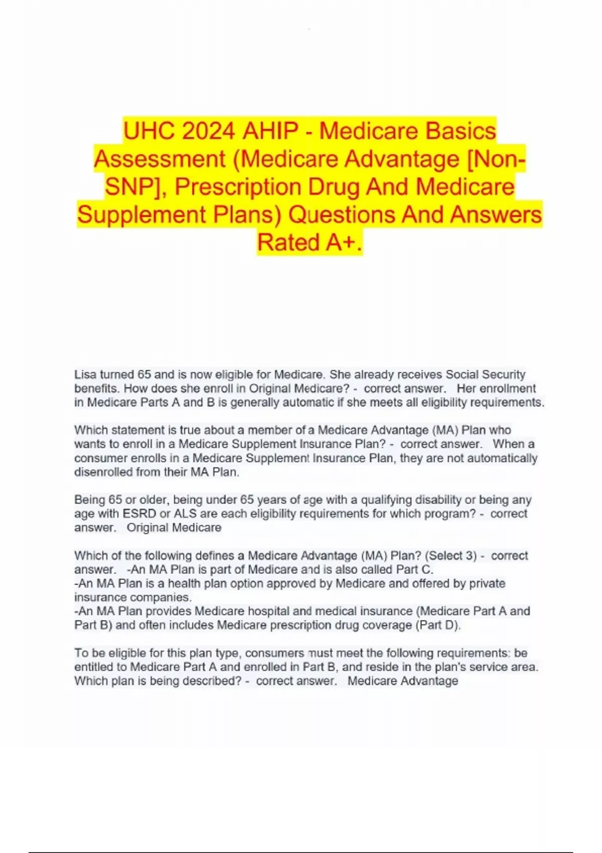 UHC 2025 AHIP - Medicare Basics Assessment (Medicare Advantage [Non-SNP ...