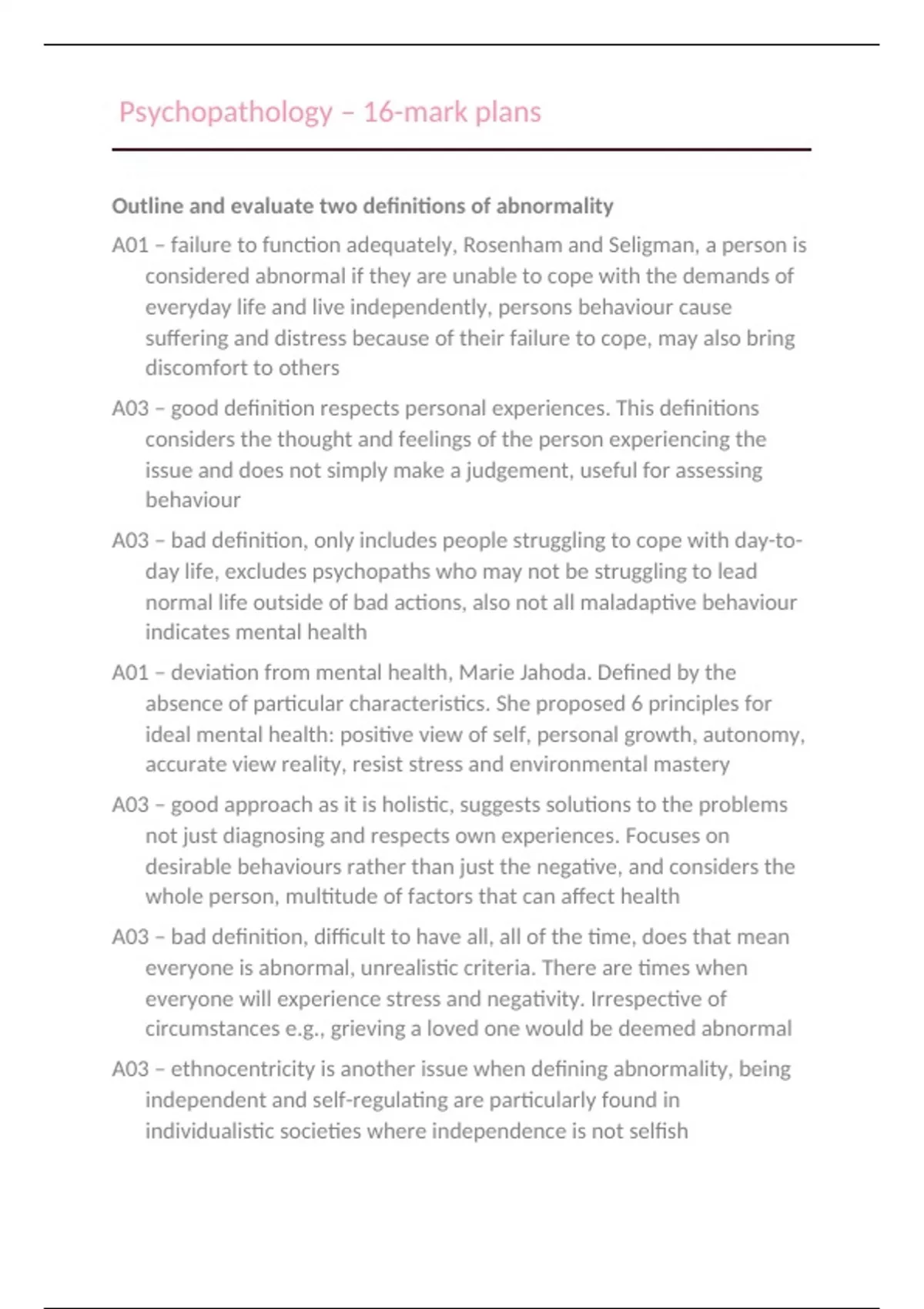 A-level psychology 16 mark essay plans - psychopathology ...