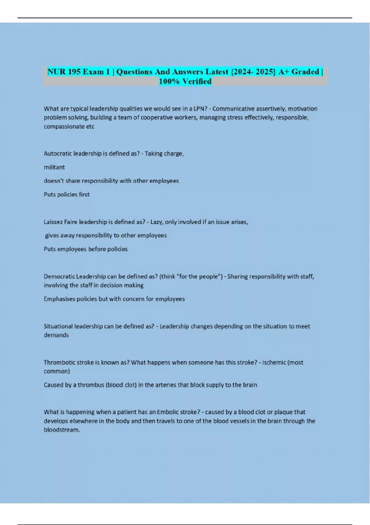 NUR 195 Exam 1 | Questions And Answers - NUR 195 - Stuvia US