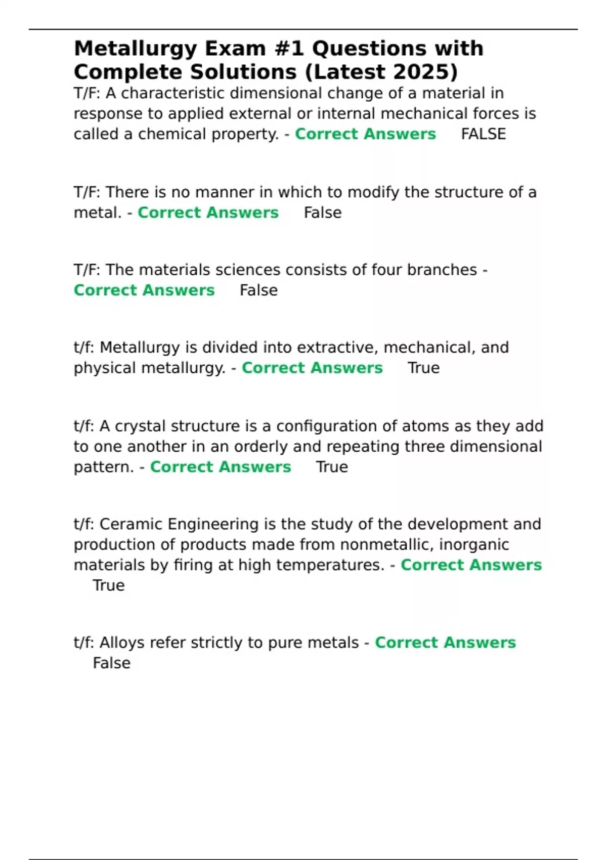 Metallurgy Exam -1 Questions with Complete Solutions (Latest 2025 ...