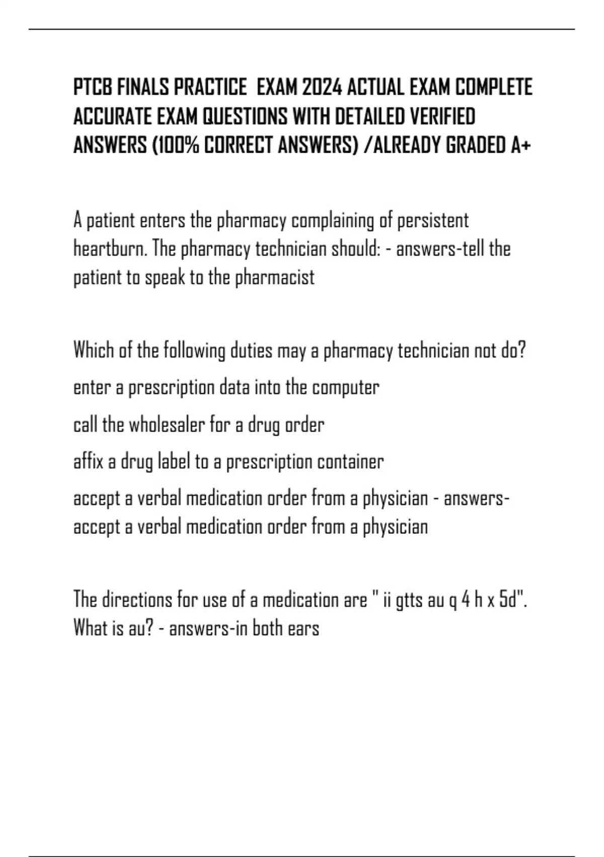 PTCB FINALS PRACTICE EXAM 2024 ACTUAL EXAM COMPLETE ACCURATE EXAM ...