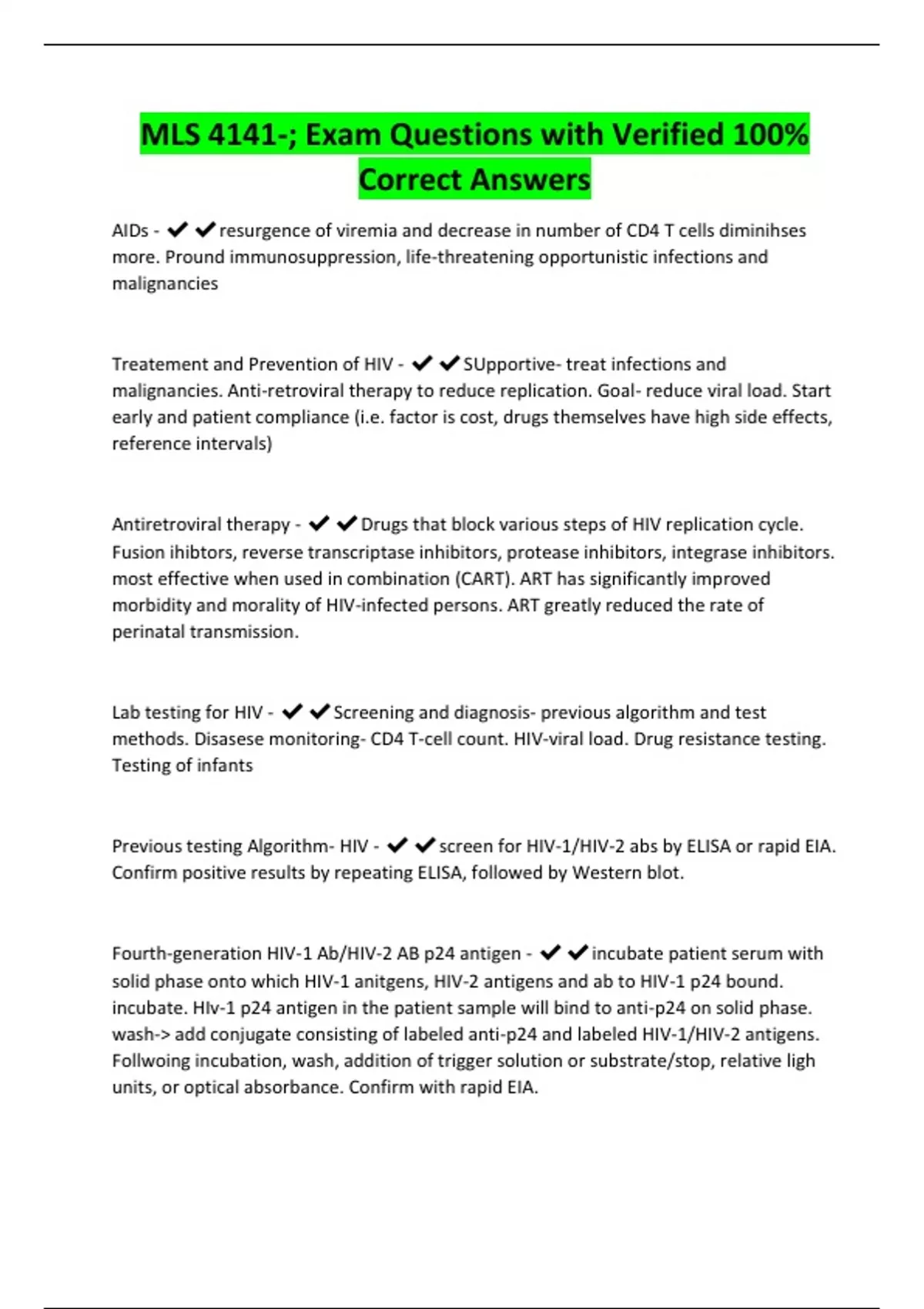 MLS 4141-; Exam Questions with Verified 100% Correct Answers - MLS 4141 ...