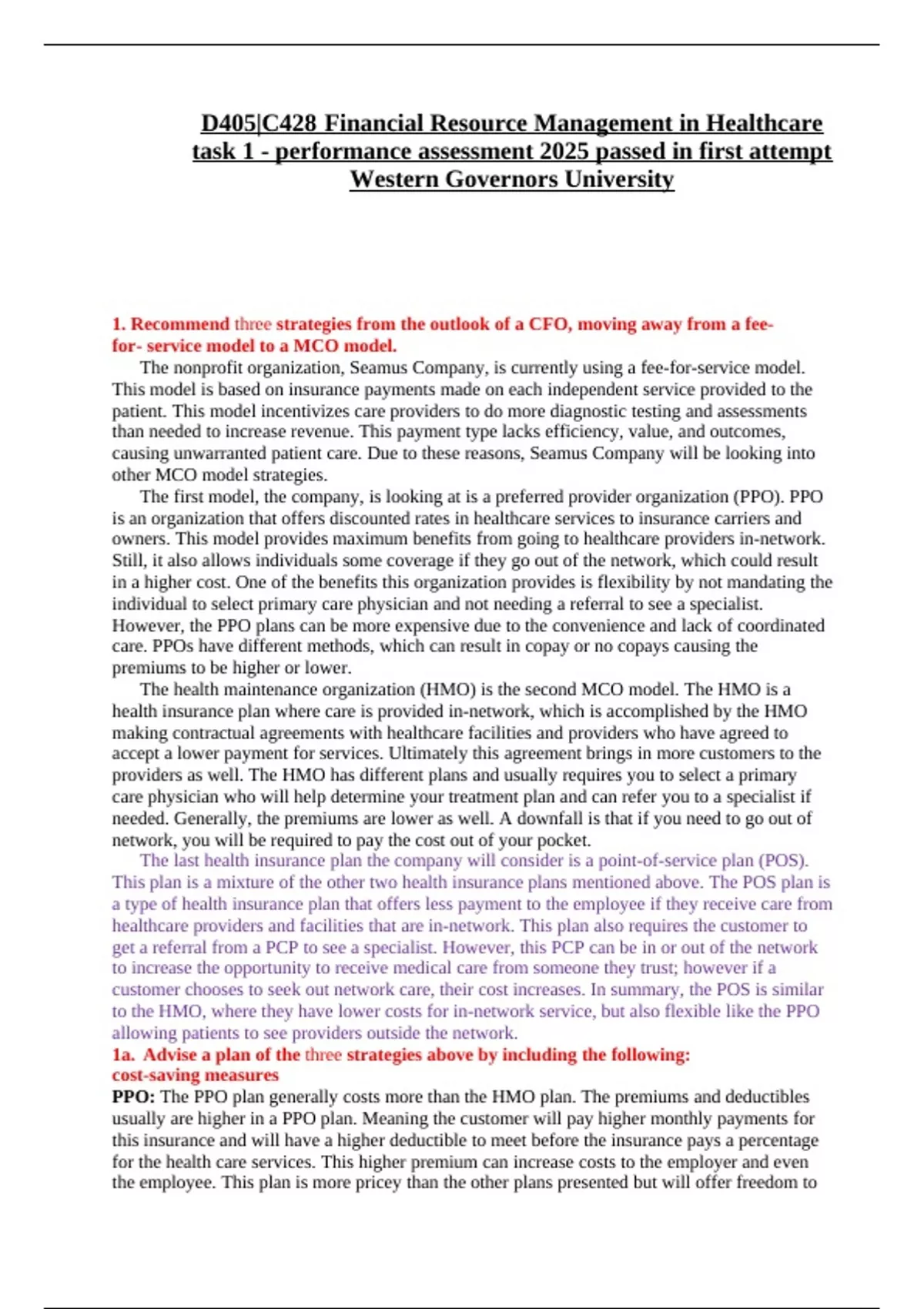 D405|C428 Financial Resource Management in Healthcare task 1 ...