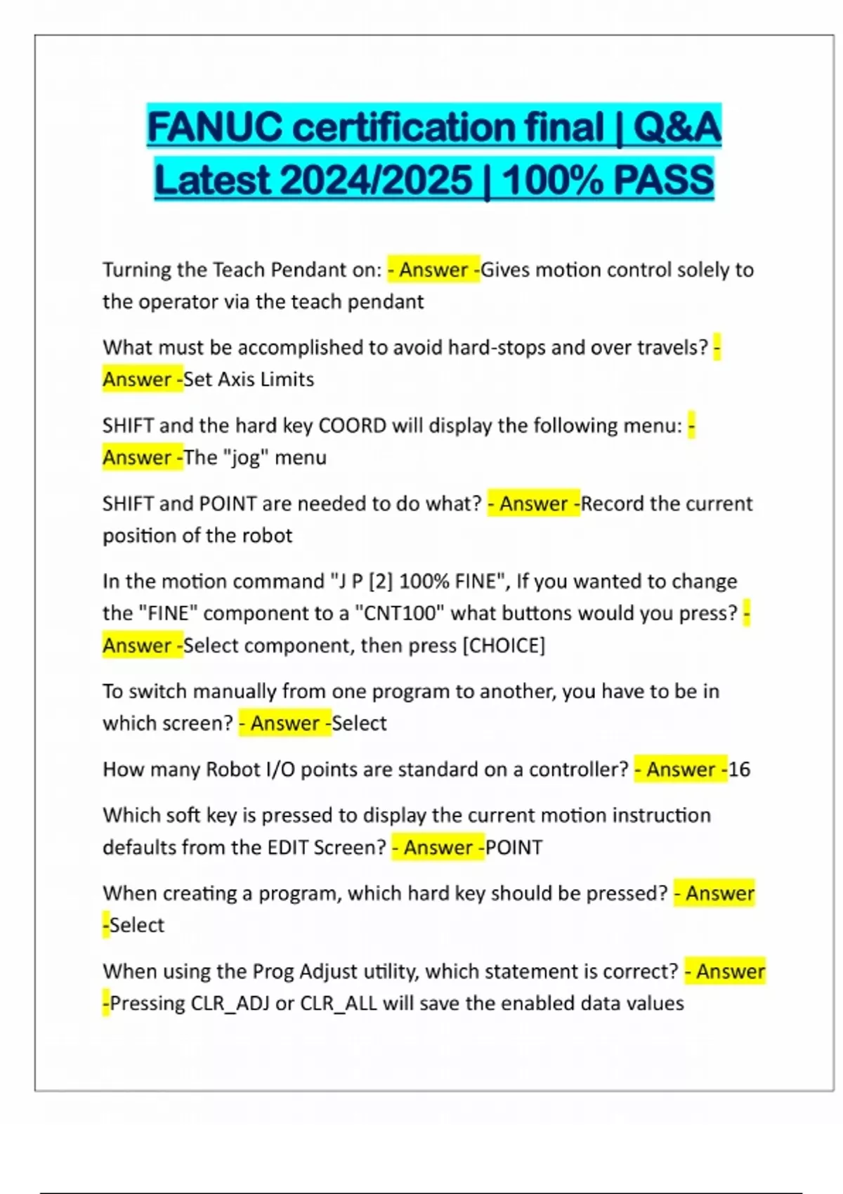 FANUC certification final | Q&A Latest 2024/2025 | 100% PASS - FANUC ...