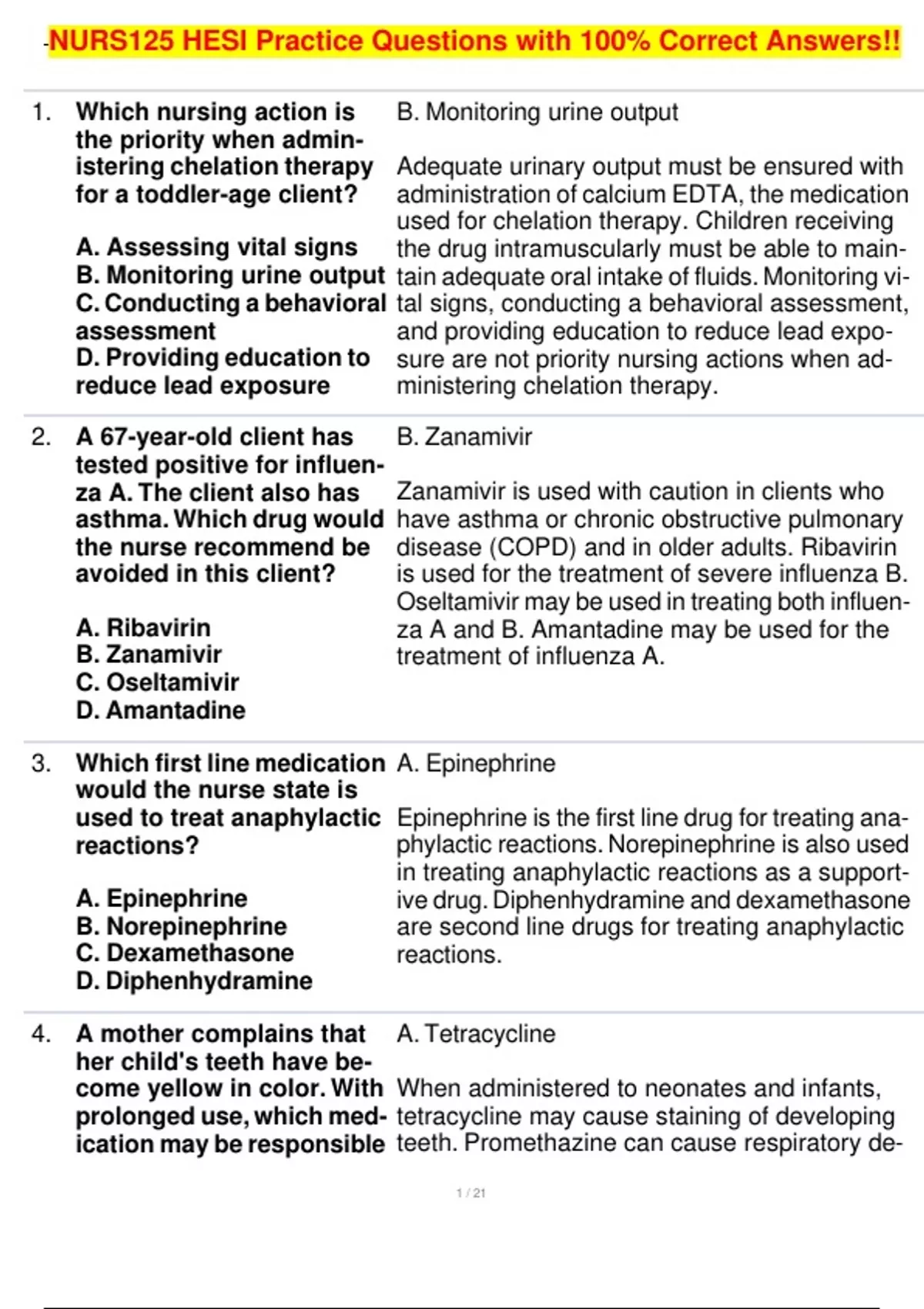 NURS125 HESI Practice Questions with 100% Correct Answers!! - NURS125 ...