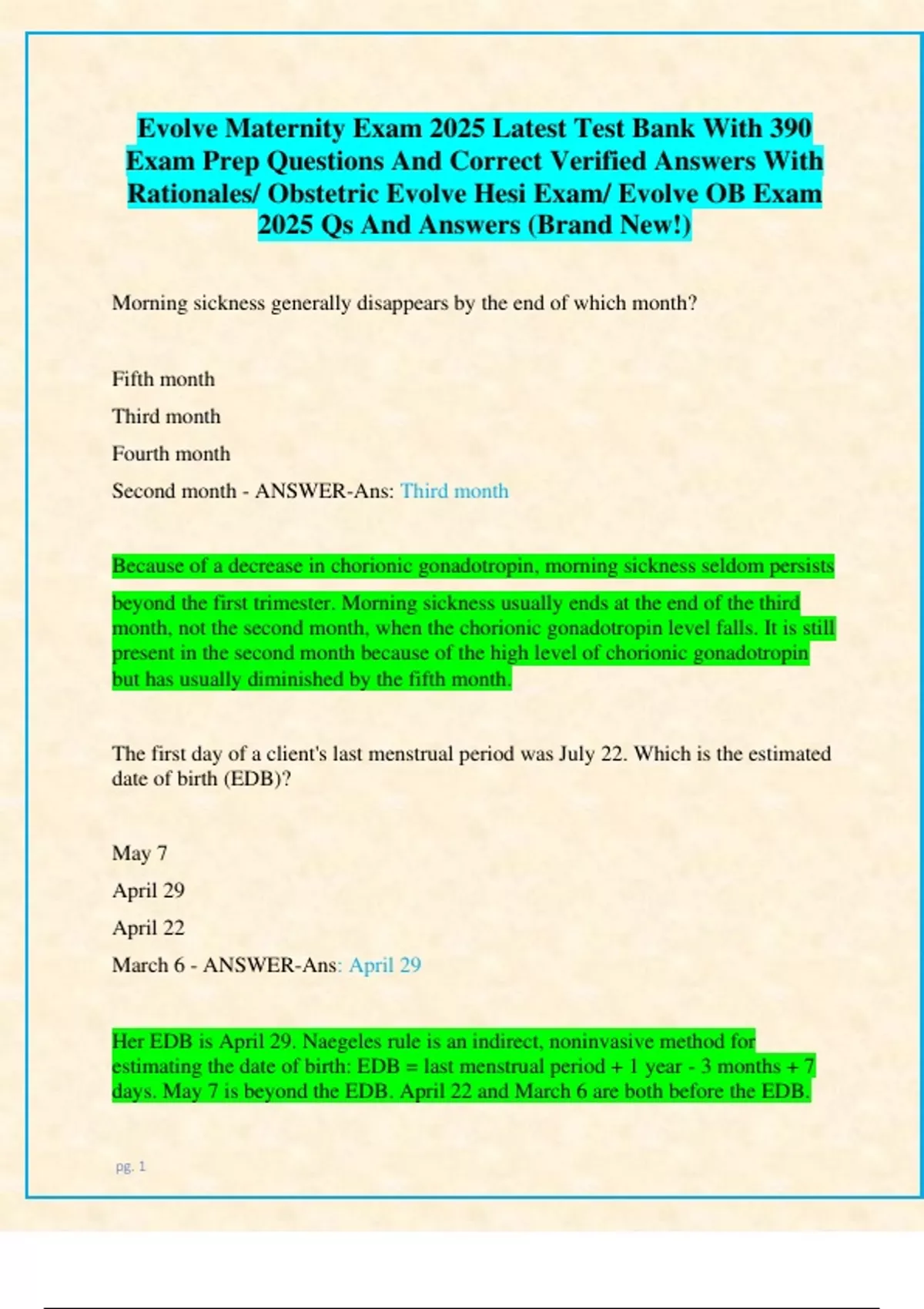 Evolve Maternity Exam 2025 Latest Test Bank With 390 Exam Prep ...
