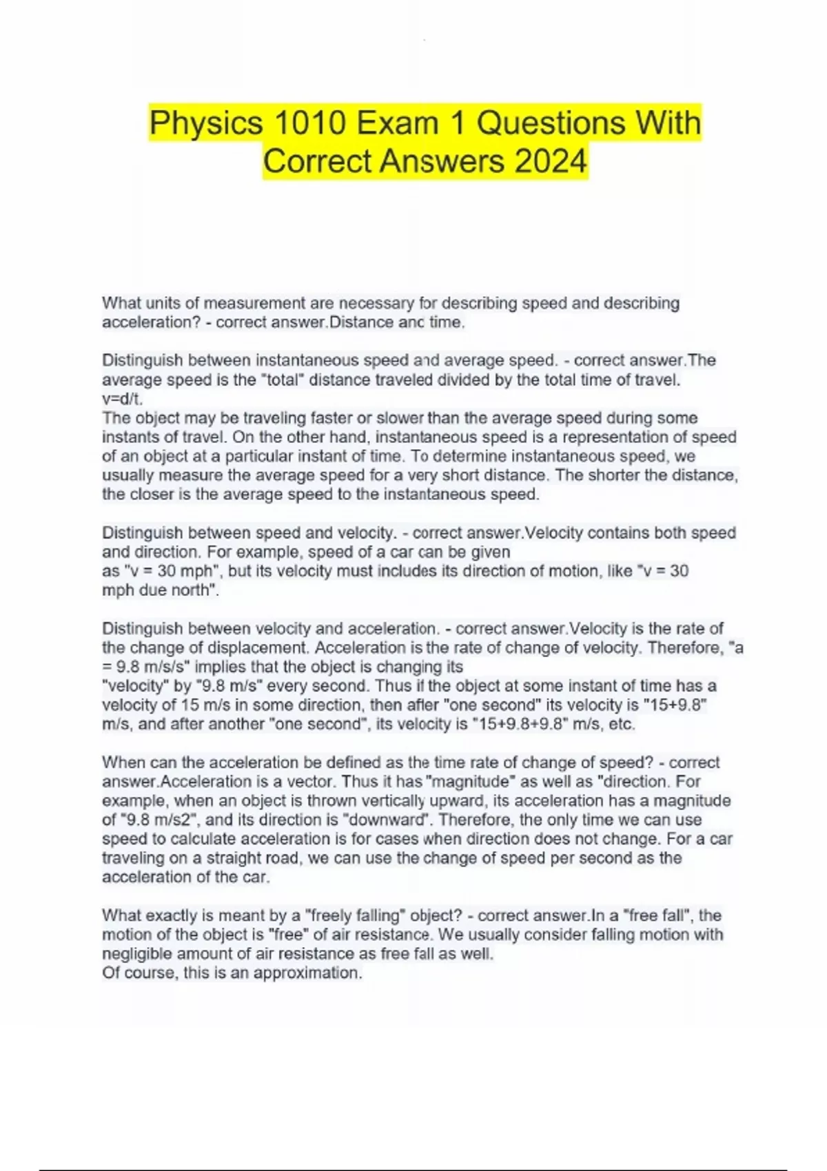 Physics 1010 Exam 1 Questions With Correct Answers 2024 - Physics 1010 - Stuvia US