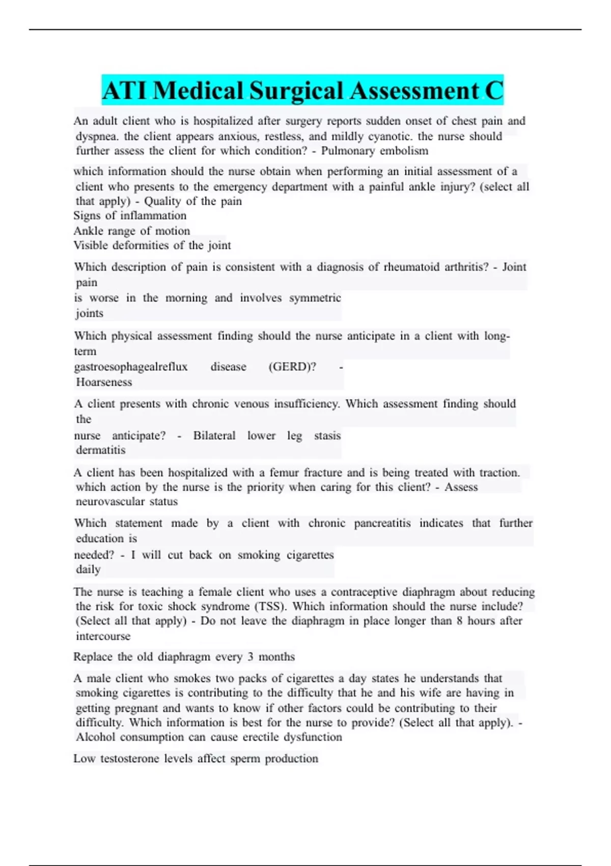 ATI Medical Surgical Assessment C Questions and answers Brand New With ...