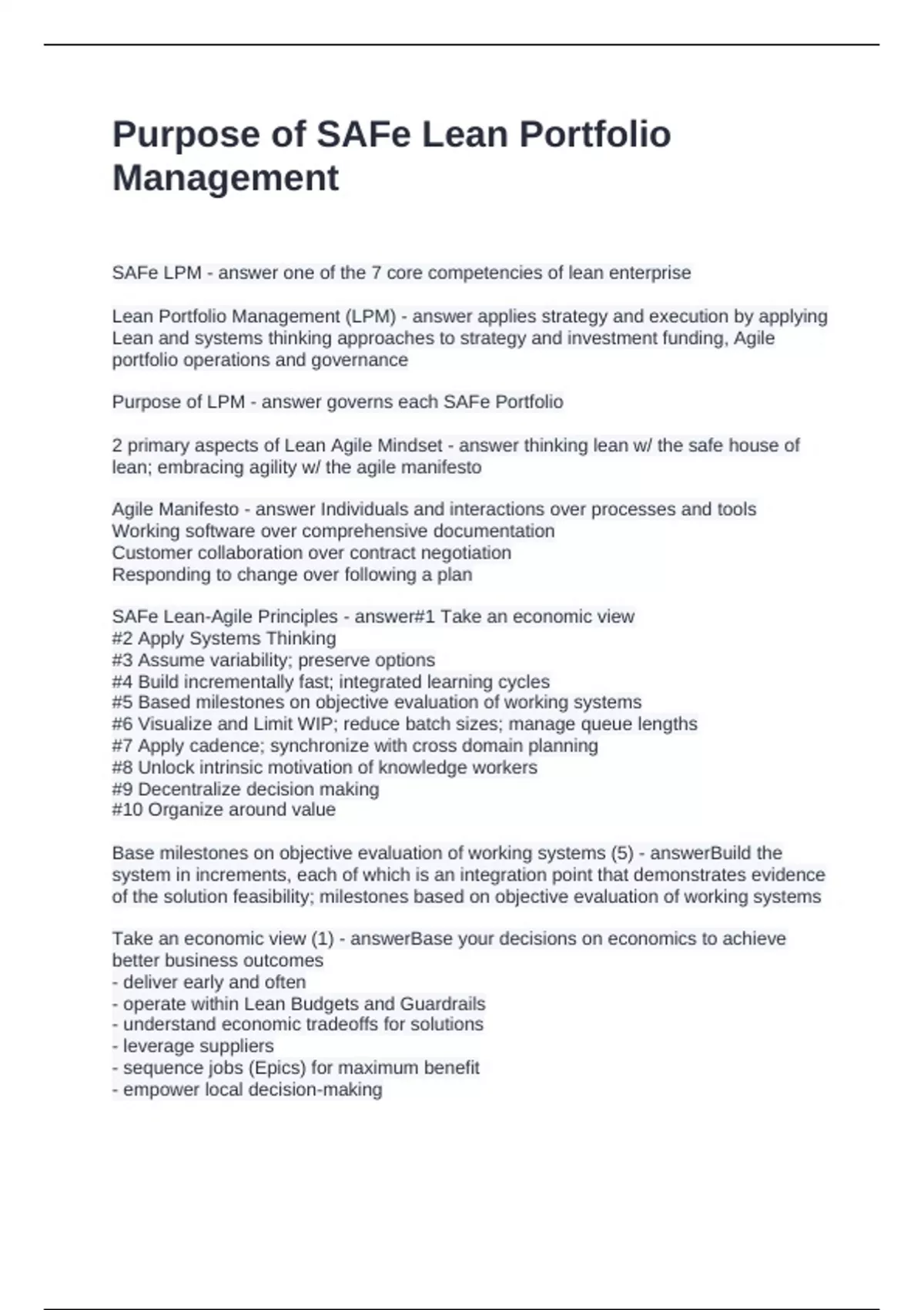 Purpose of SAFe Lean Portfolio Management Questions and Answers - LPM ...