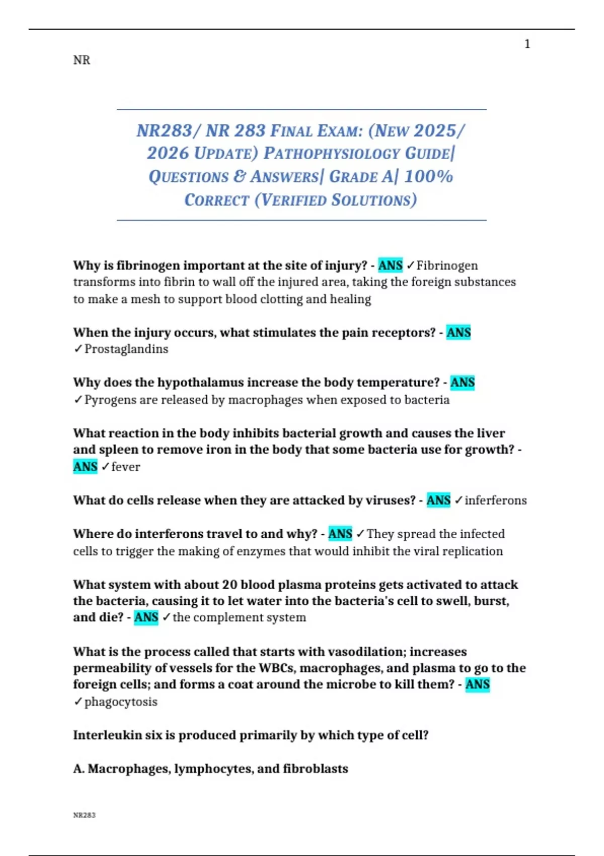 NR283/ NR 283 FINAL EXAM: (NEW 2025/ 2026 UPDATE) PATHOPHYSIOLOGY GUIDE ...