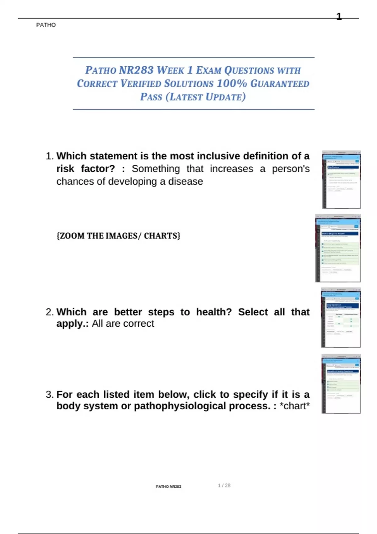 PATHO NR283 WEEK 1 EXAM QUESTIONS WITH CORRECT VERIFIED SOLUTIONS 100% ...