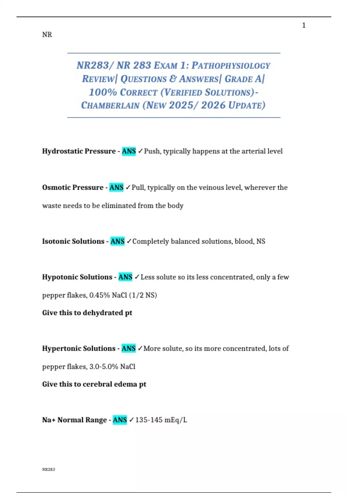 NR283/ NR 283 EXAM 1: PATHOPHYSIOLOGY REVIEW| QUESTIONS & ANSWERS ...