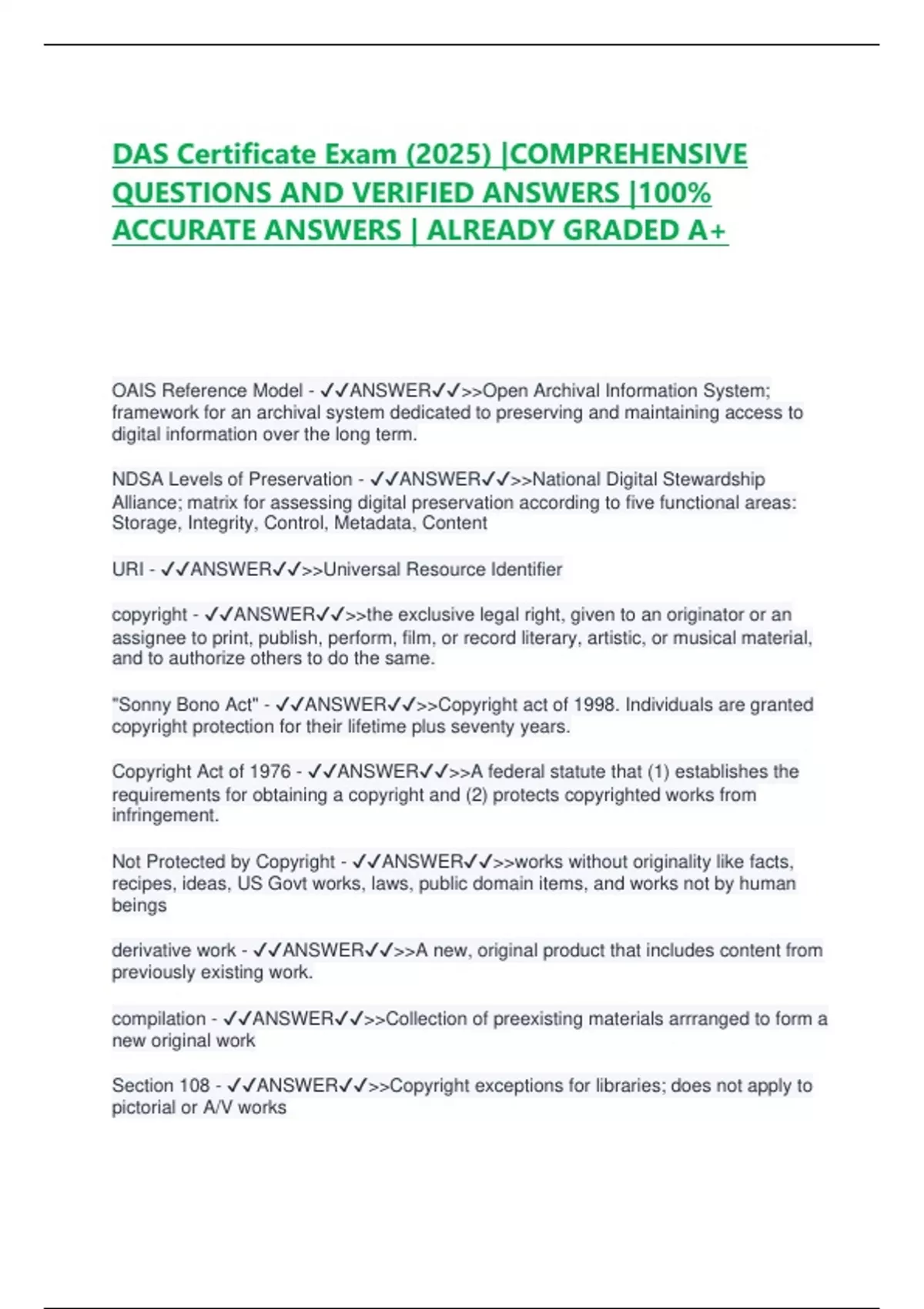 DAS Certificate Exam (2025) |COMPREHENSIVE QUESTIONS AND VERIFIED ...