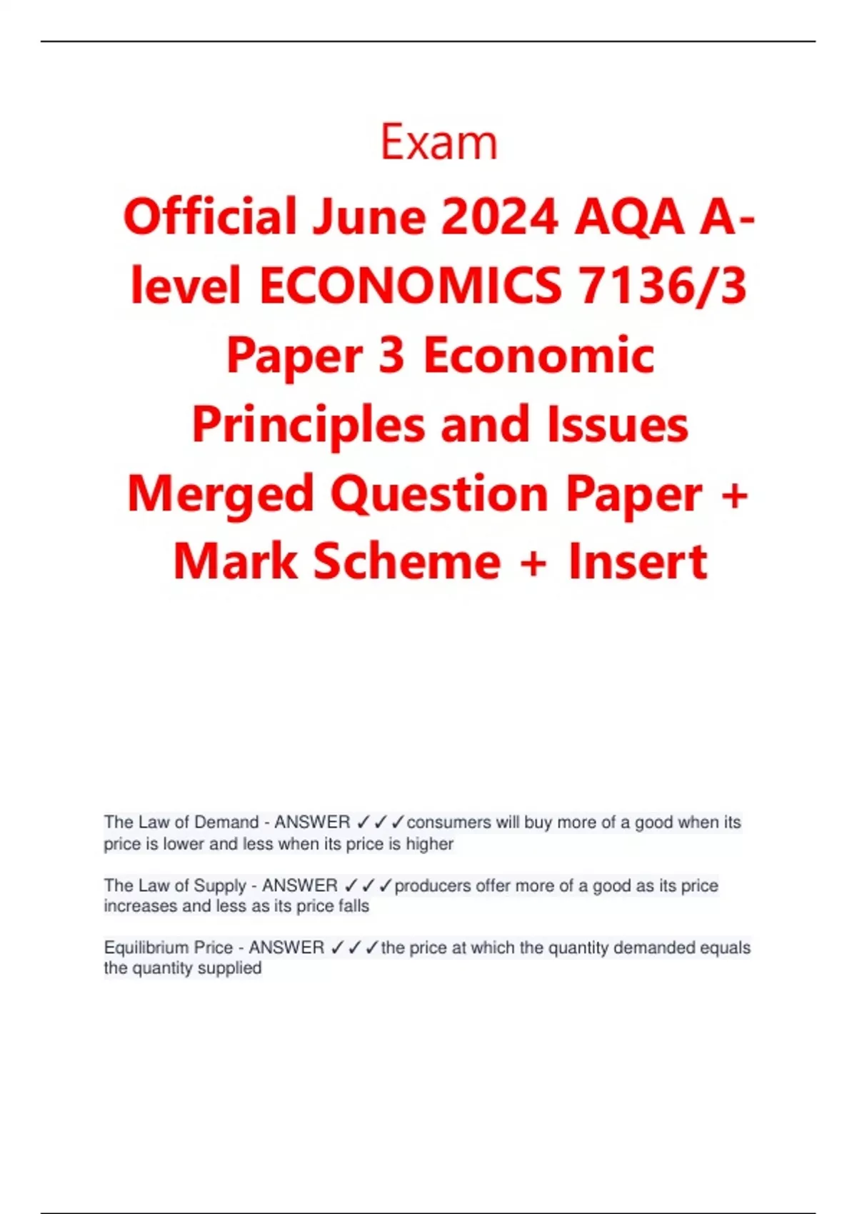 Exam Official June 2024 AQA A level ECONOMICS 7136/3 Paper 3 Economic ...