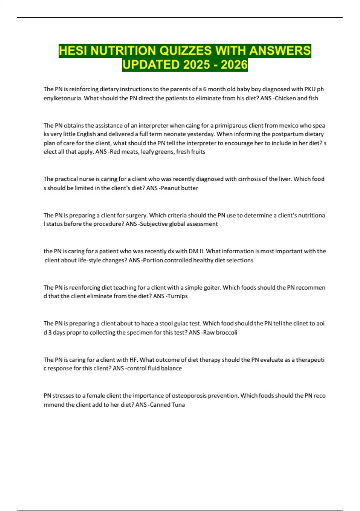 HESI NUTRITION QUIZZES WITH ANSWERS UPDATED - HESI PN NUTRITION - Stuvia US