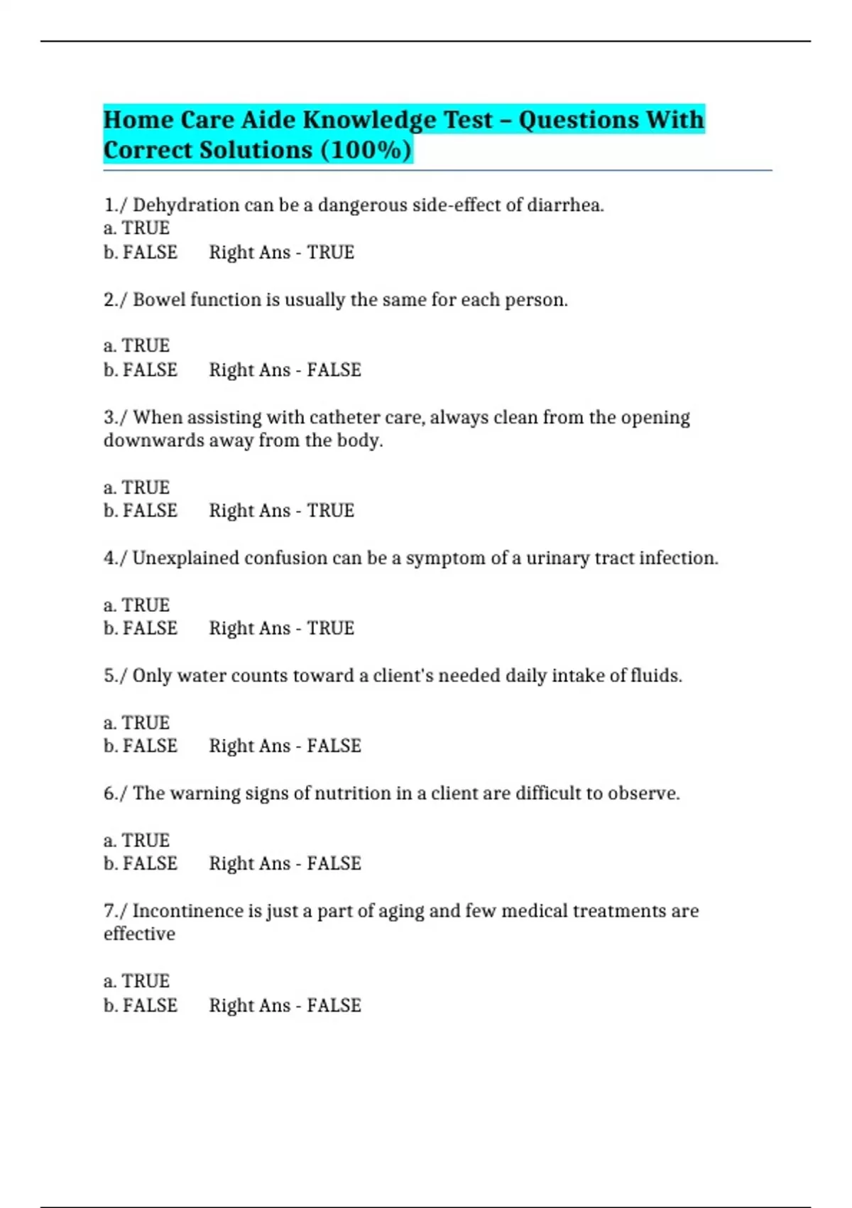 Home Care Aide Knowledge Test – Questions With Correct Solutions (100% ...