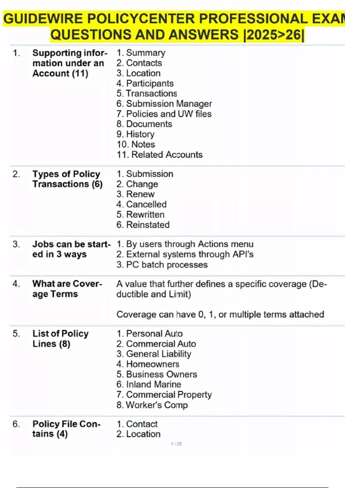 GUIDEWIRE POLICYCENTER PROFESSIONAL EXAM QUESTIONS AND ANSWERS |202526 ...