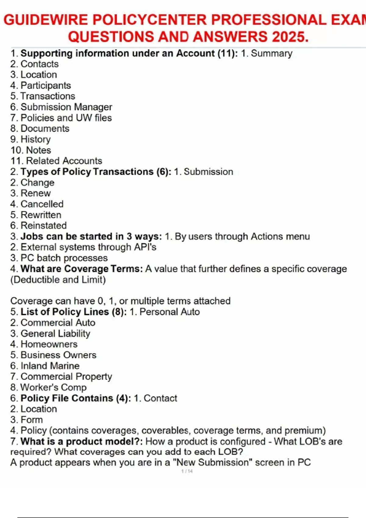 GUIDEWIRE POLICYCENTER PROFESSIONAL EXAM QUESTIONS AND ANSWERS 2025 ...
