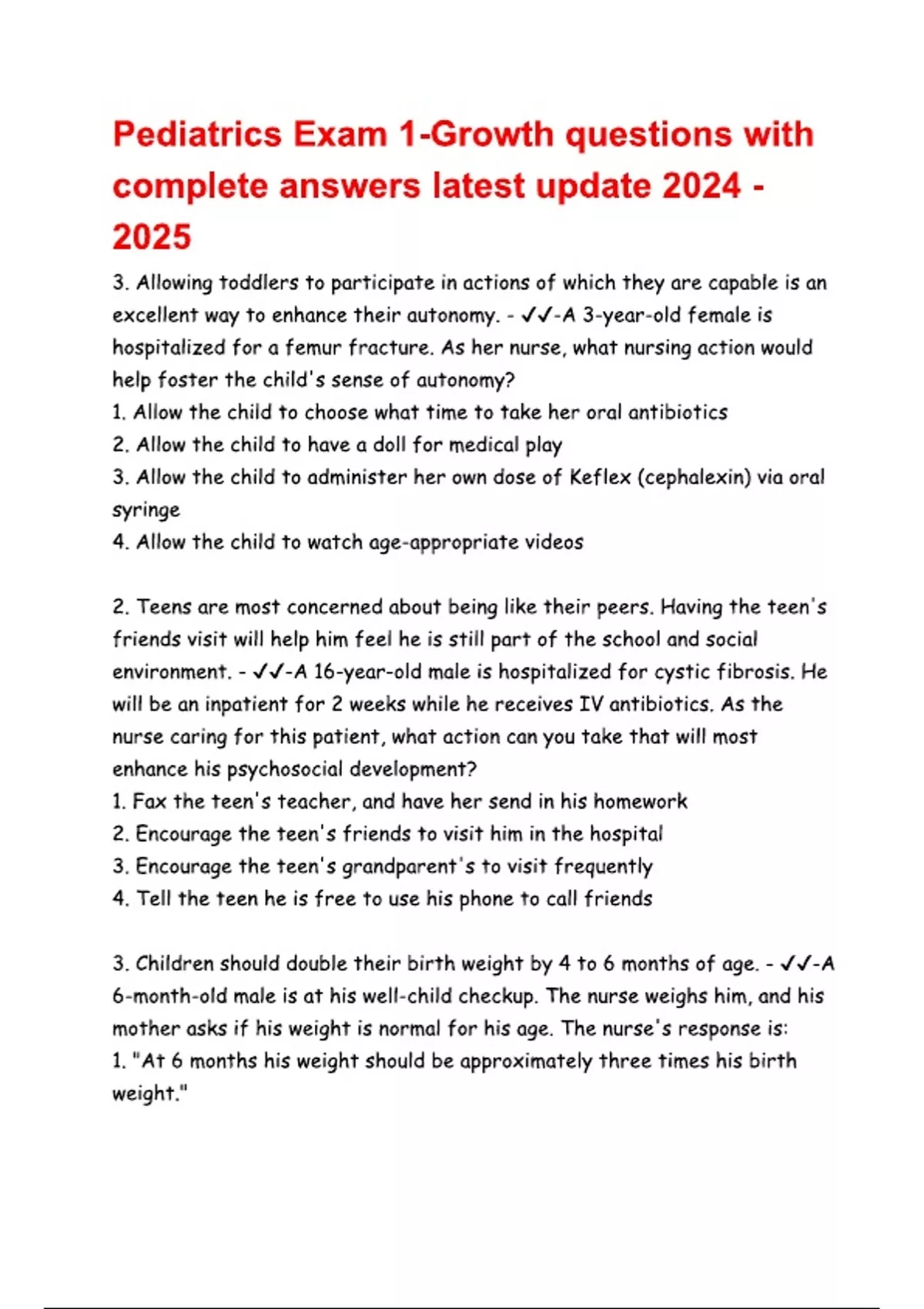 Pediatrics Exam 1-Growth | Questions and Correct Answers, latest 2024 / ...