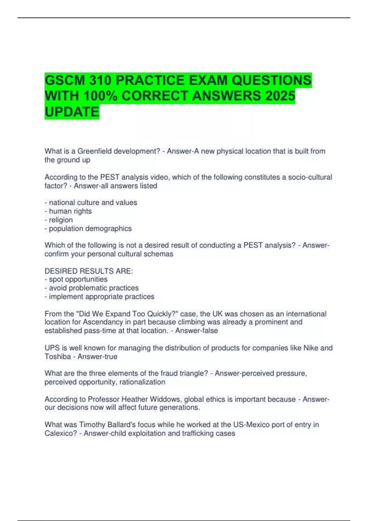 GSCM 310 PRACTICE EXAM QUESTIONS WITH 100% CORRECT ANSWERS 2025 UPDATE ...