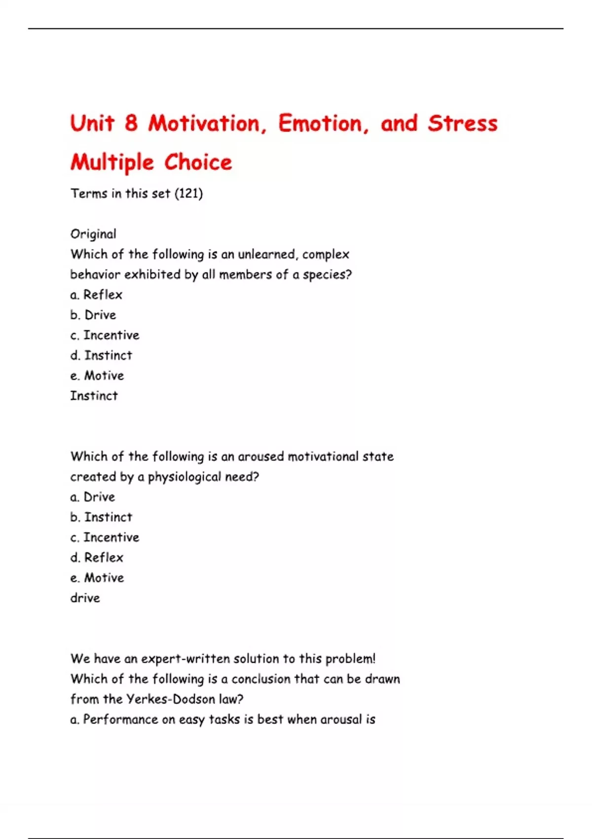 Unit 8 Motivation, Emotion, and Stress Multiple Choice | Questions and ...