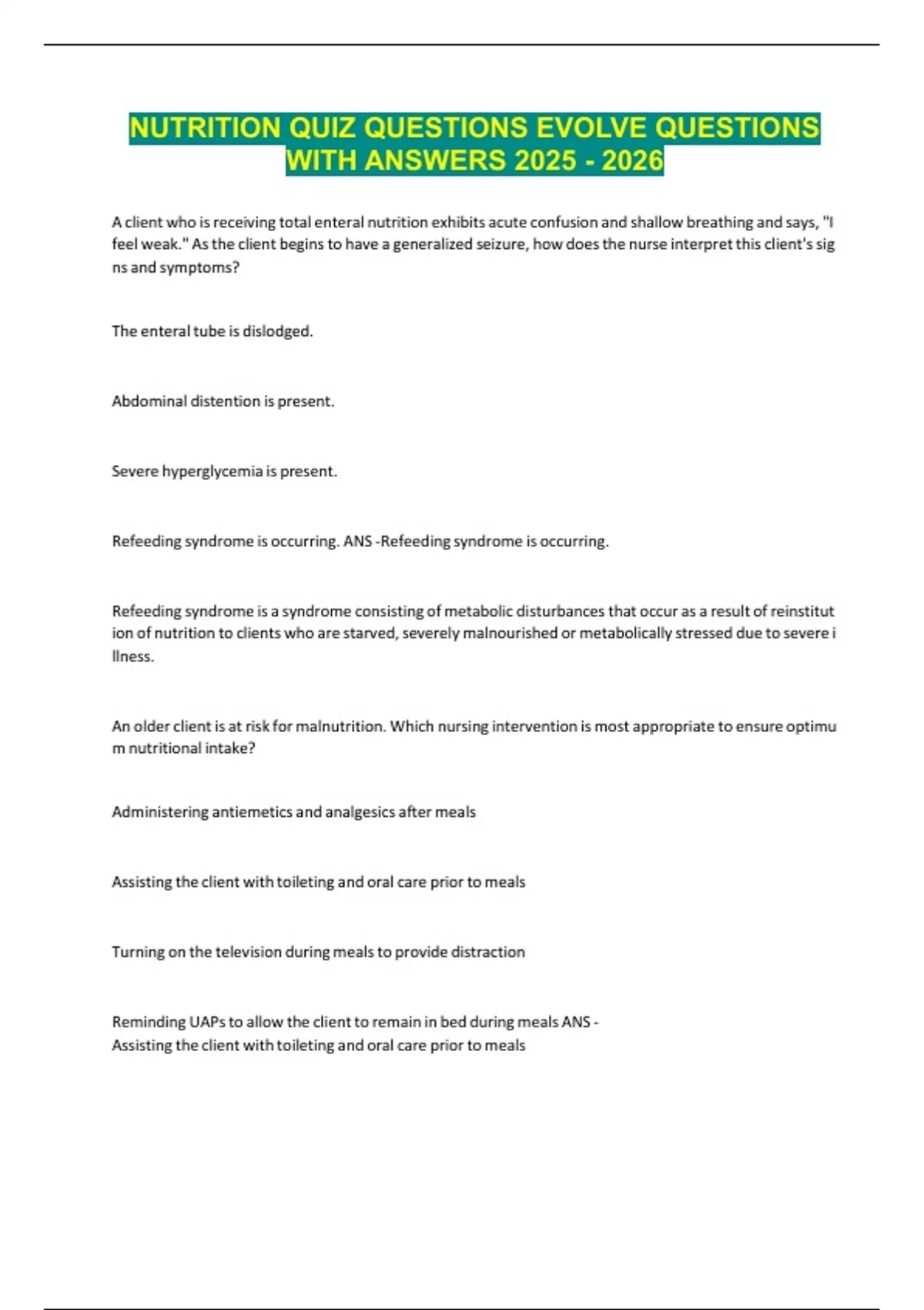 NUTRITION QUIZ QUESTIONS EVOLVE QUESTIONS WITH ANSWERS - HESI PN ...