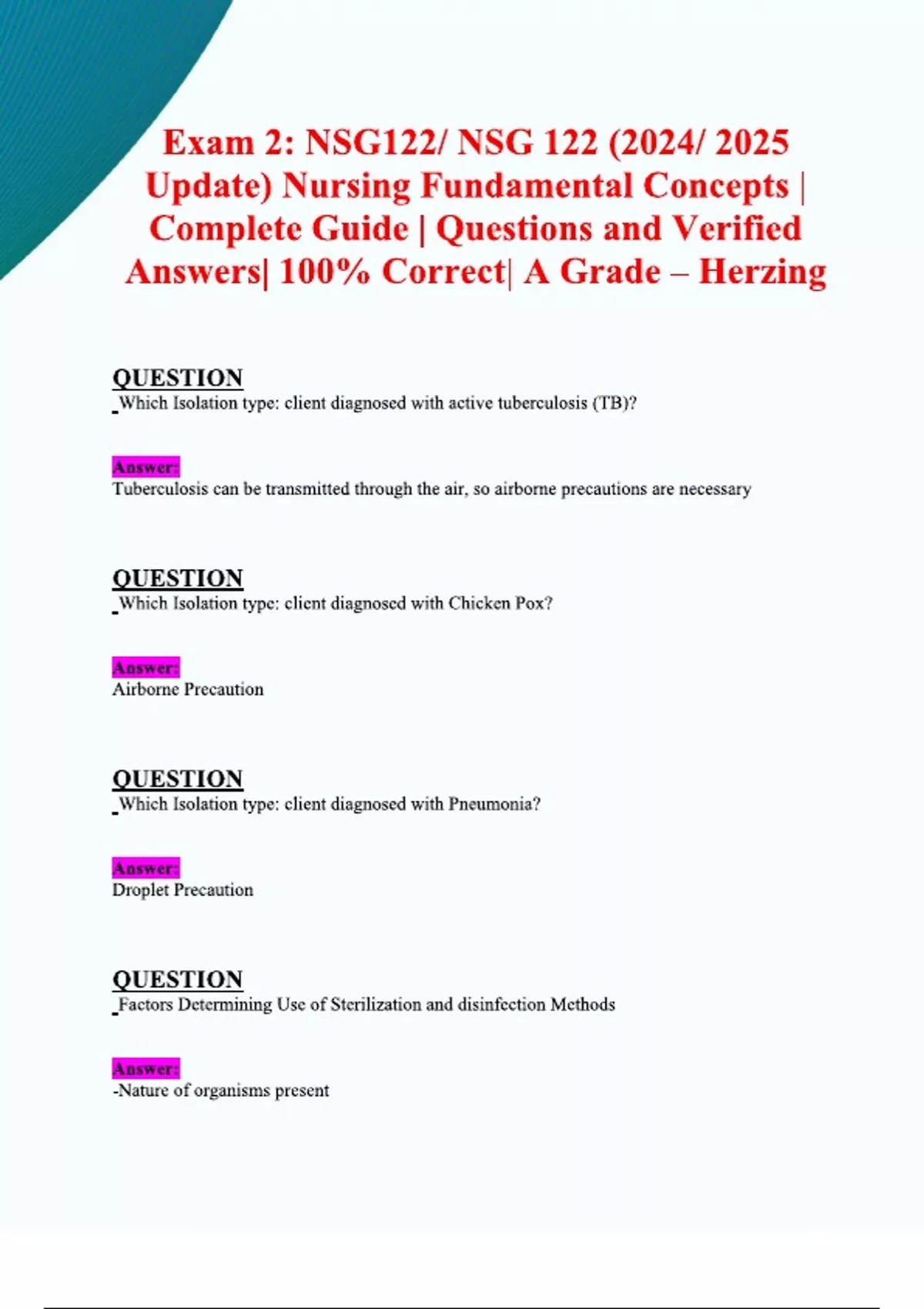Exam 2: NSG122/ NSG 122 (2024/ 2025 Update) Nursing Fundamental ...