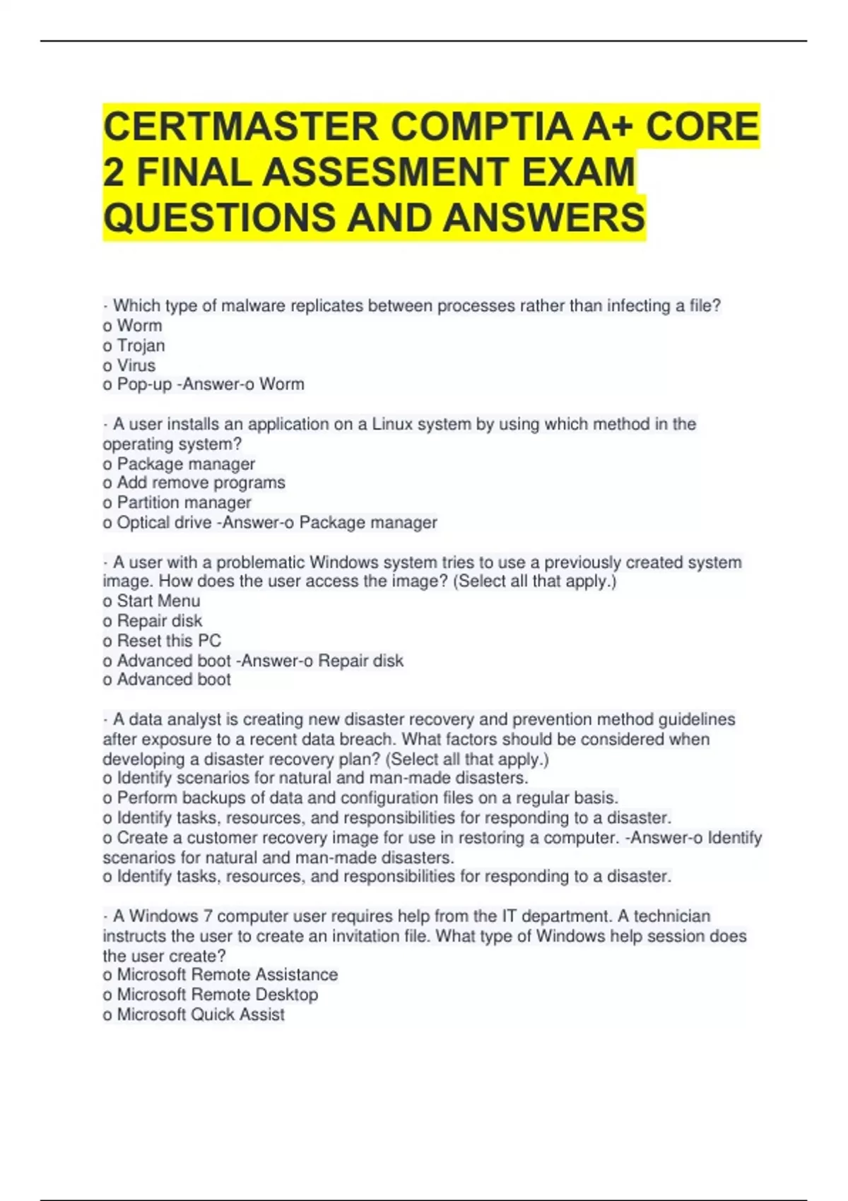CERTMASTER COMPTIA A+ CORE 2 FINAL ASSESMENT EXAM QUESTIONS AND ANSWERS ...