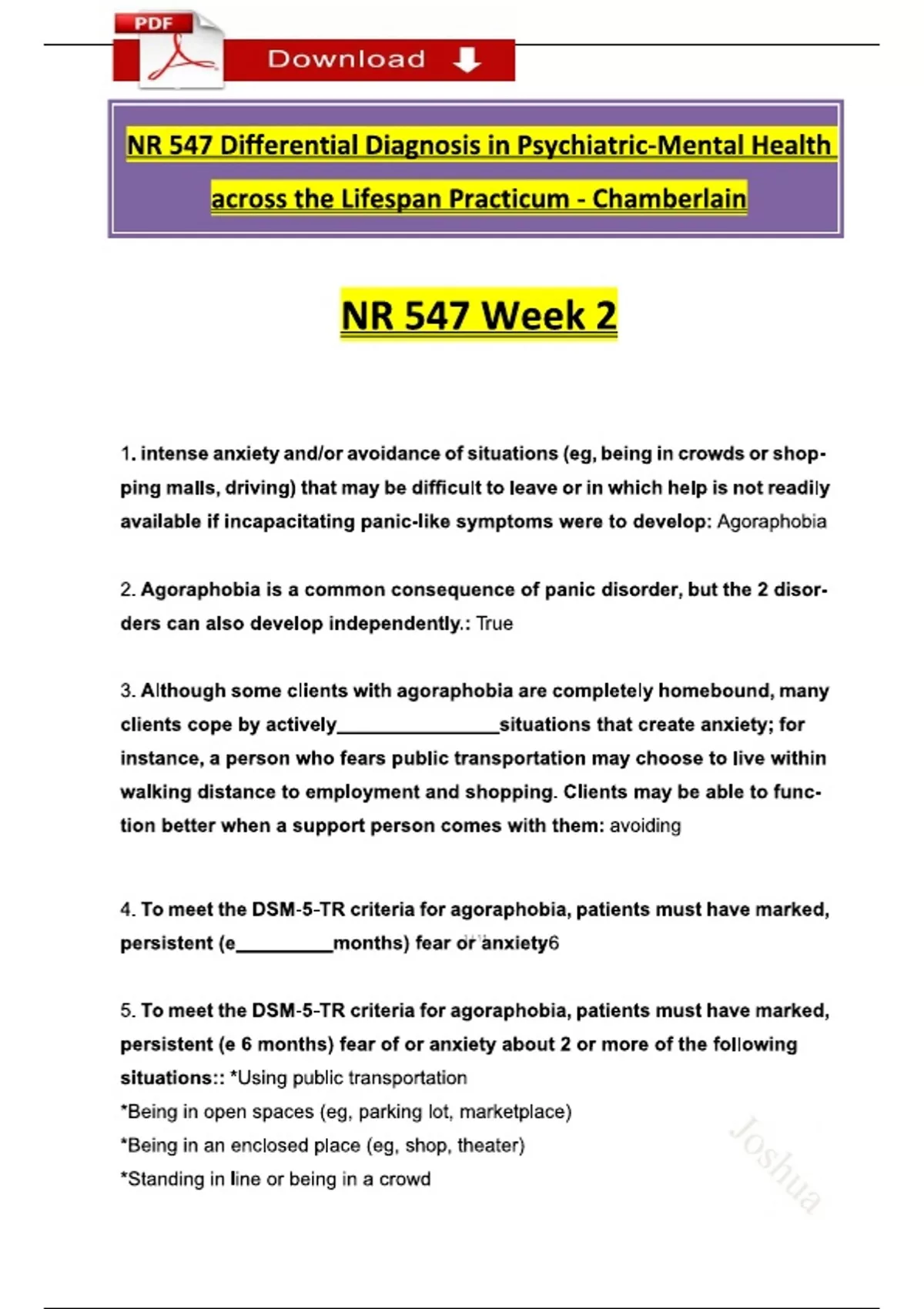 NR547/ NR 547 Week 2 Exam Differential Diagnosis Questions (Latest 2025 ...