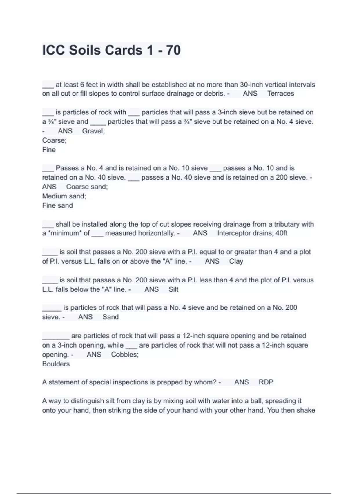 ICC Soils Cards 1 - 70 QUESTIONS & ANSWERS 2025 ( A+ GRADED 100% ...