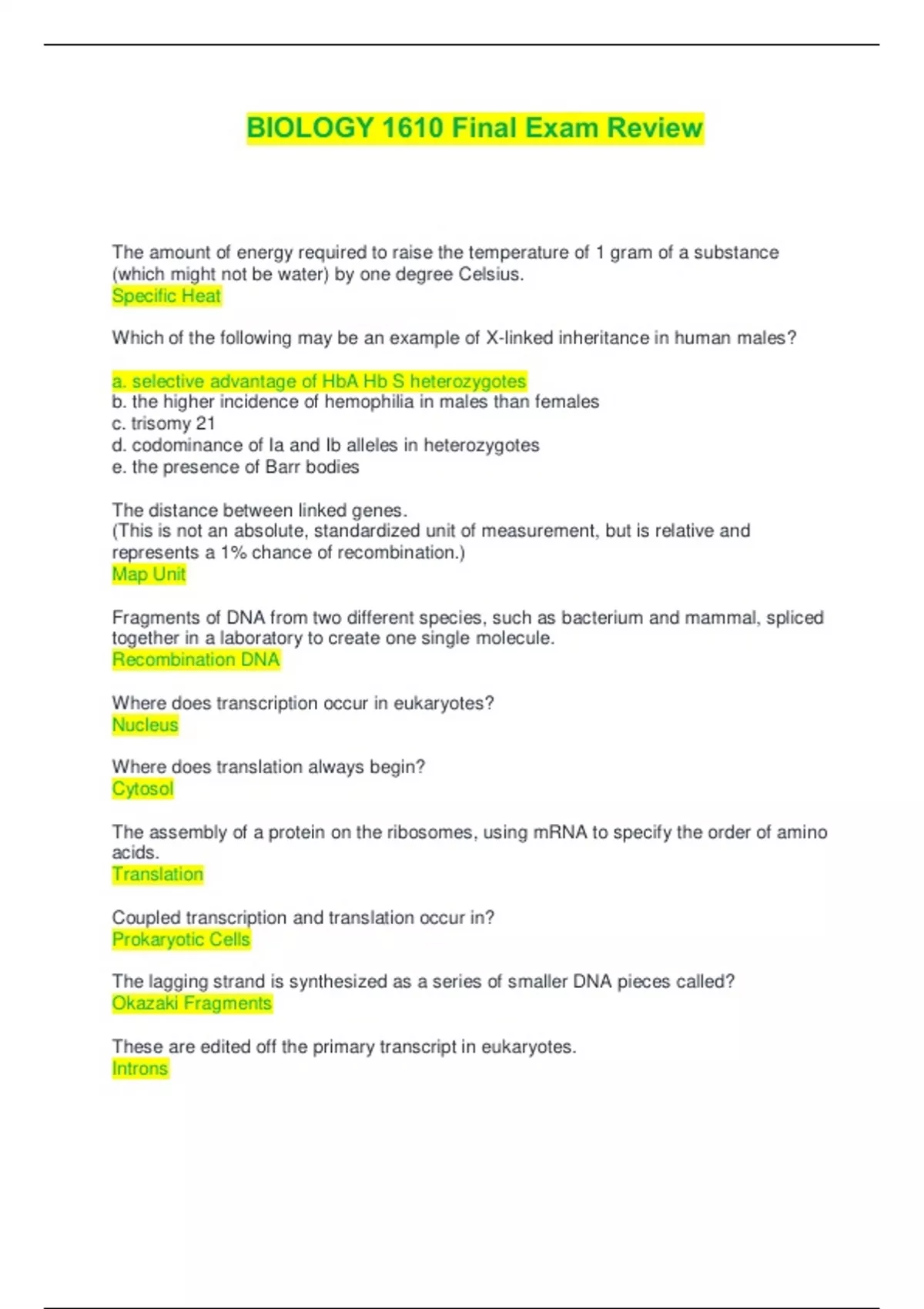 BIOLOGY 1610 Final Exam Review | Questions with 100% Correct Answers ...