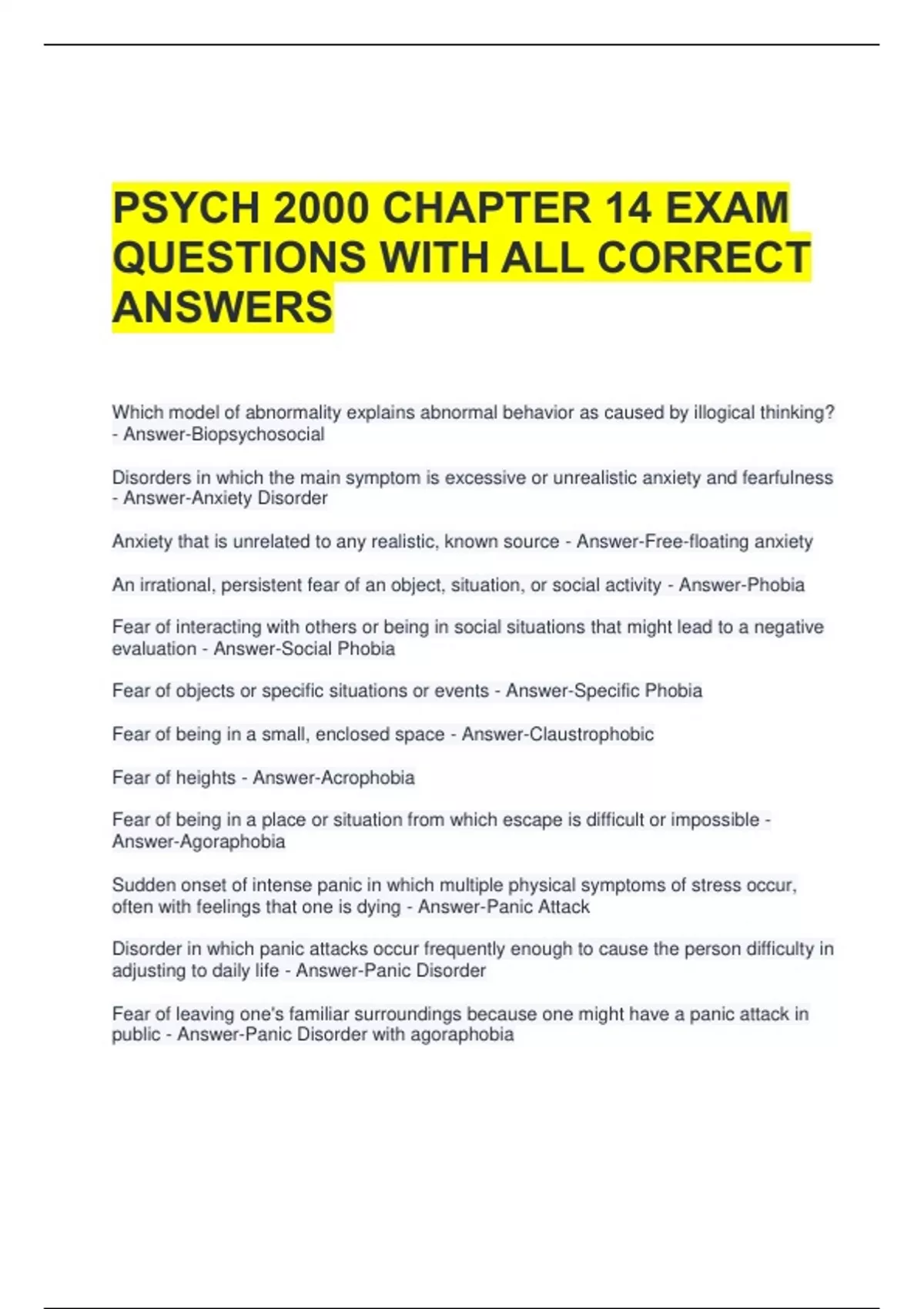 PSYCH 2000 CHAPTER 14 EXAM QUESTIONS WITH ALL CORRECT ANSWERS - PSYCH ...