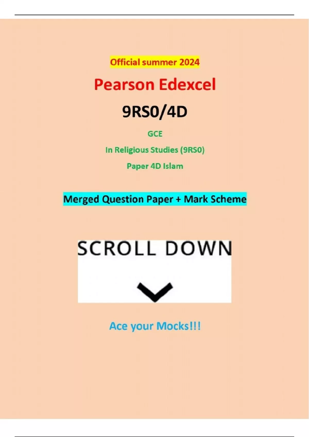 Official summer 2024 Pearson Edexcel 9RS0/4D GCE In Religious Studies ...