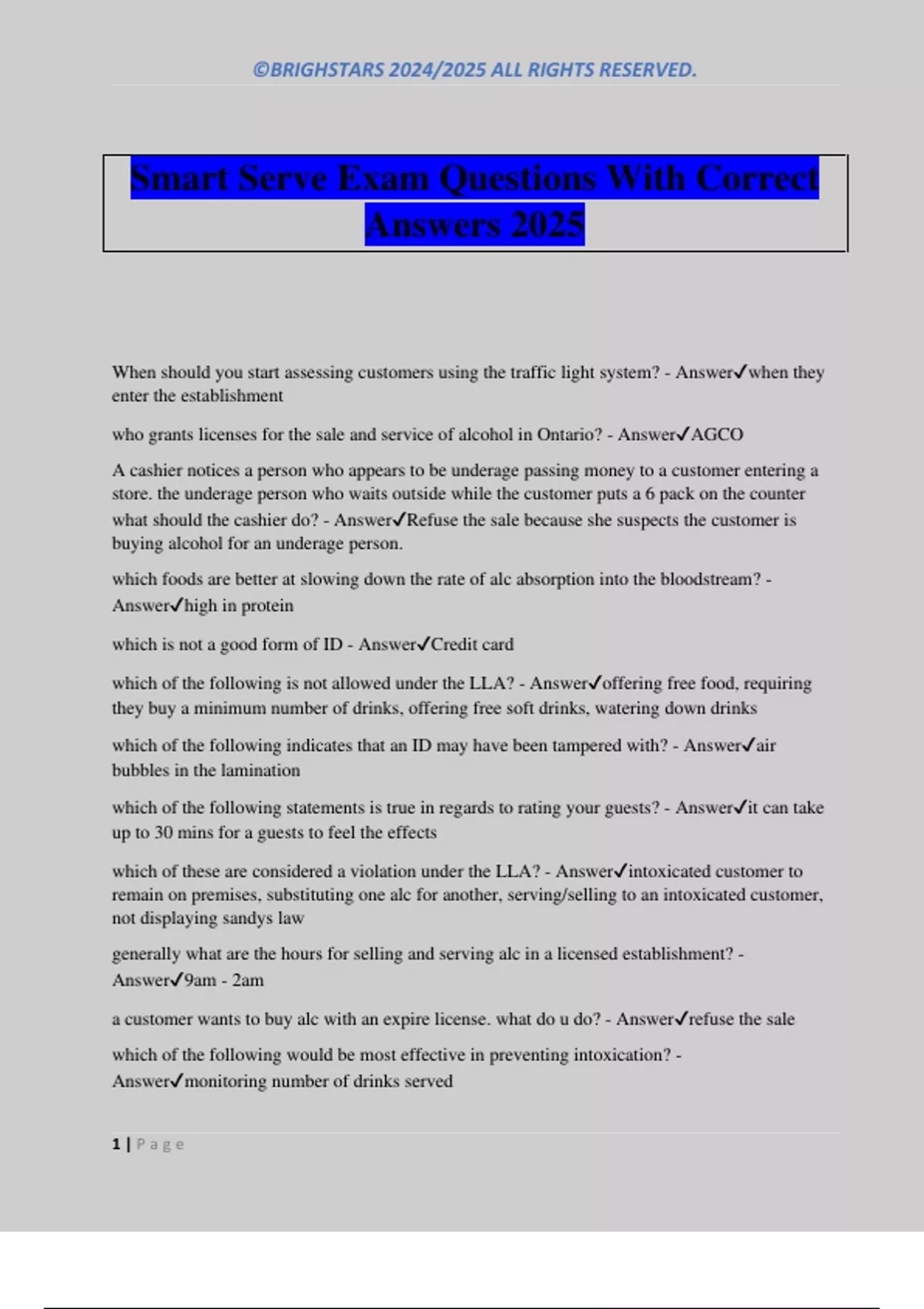 Smart Serve Exam Questions With Correct Answers 2025 - Smart Serve ...